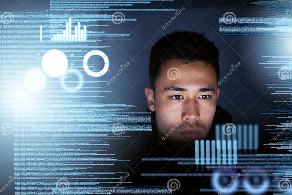 Data Programmer And Man With Focus Hologram Or Cyber Security With Website Information