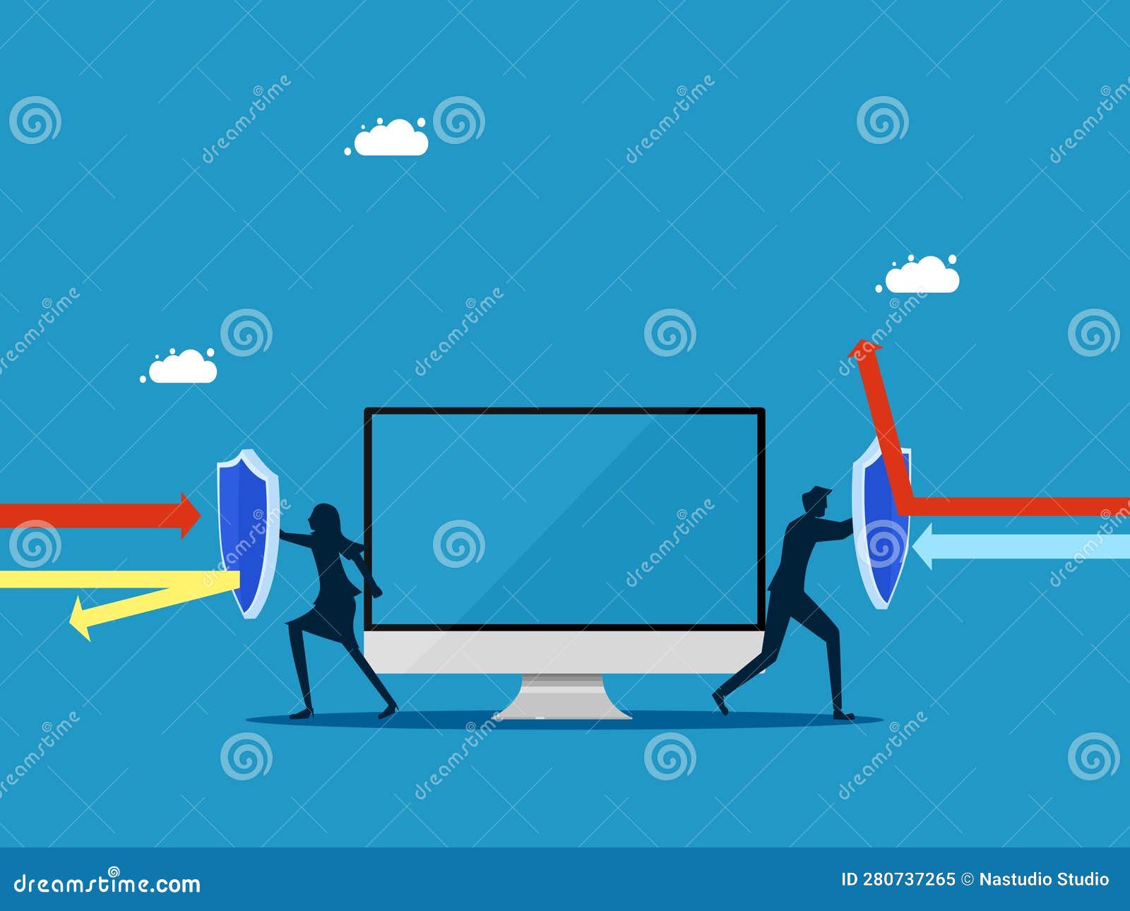 Data Protection. Business Team Holding Shield To Protect Computer Stock ...