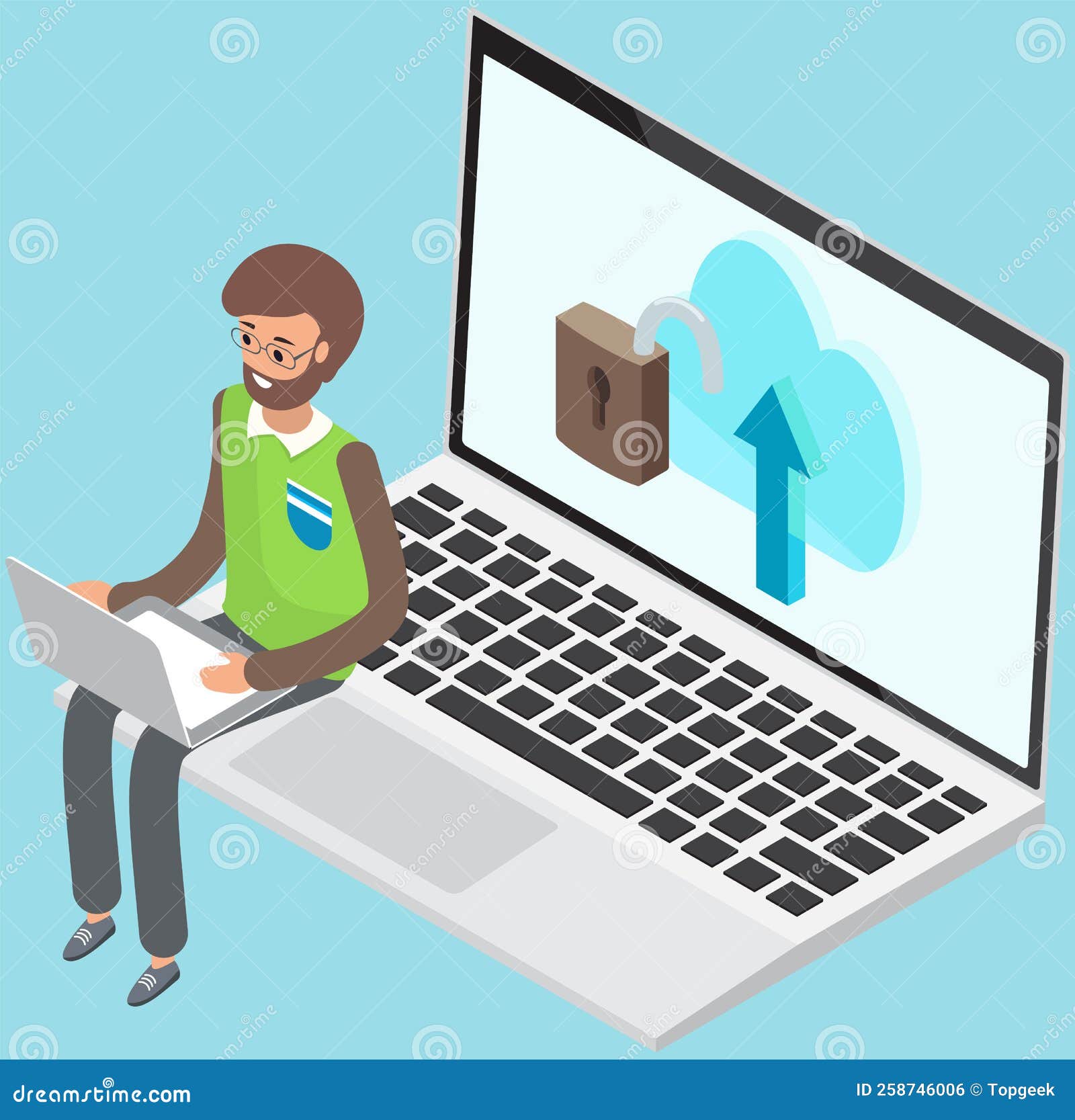 Data Protection Cloud Storage Design Concept. Man Works with Computer ...