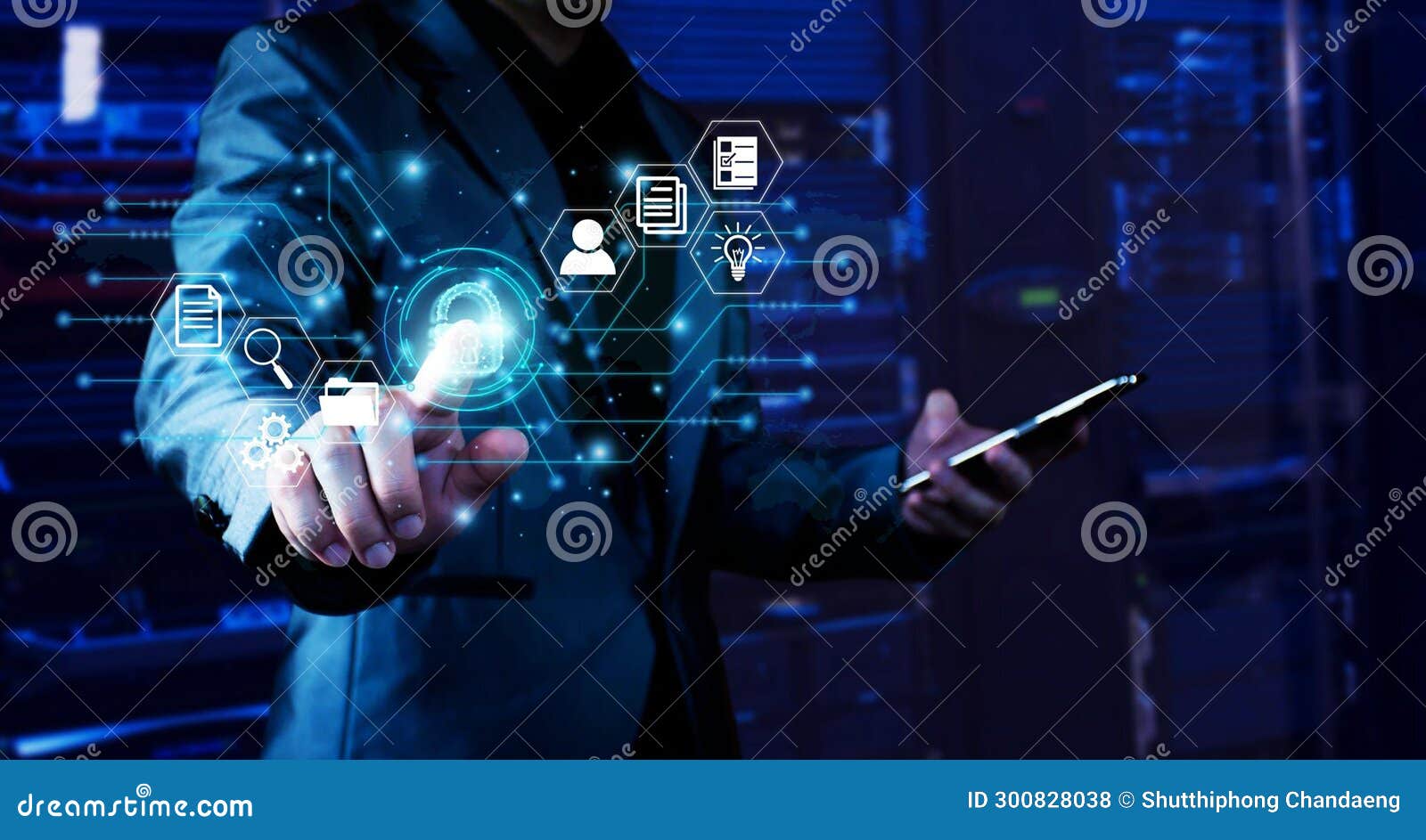 Data Protection Concept. Businessman Touching the Padlock. on the ...