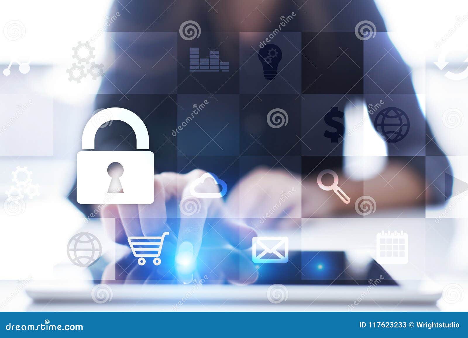 Data Protection And Cyber Security Concept On The Virtual Screen Stock