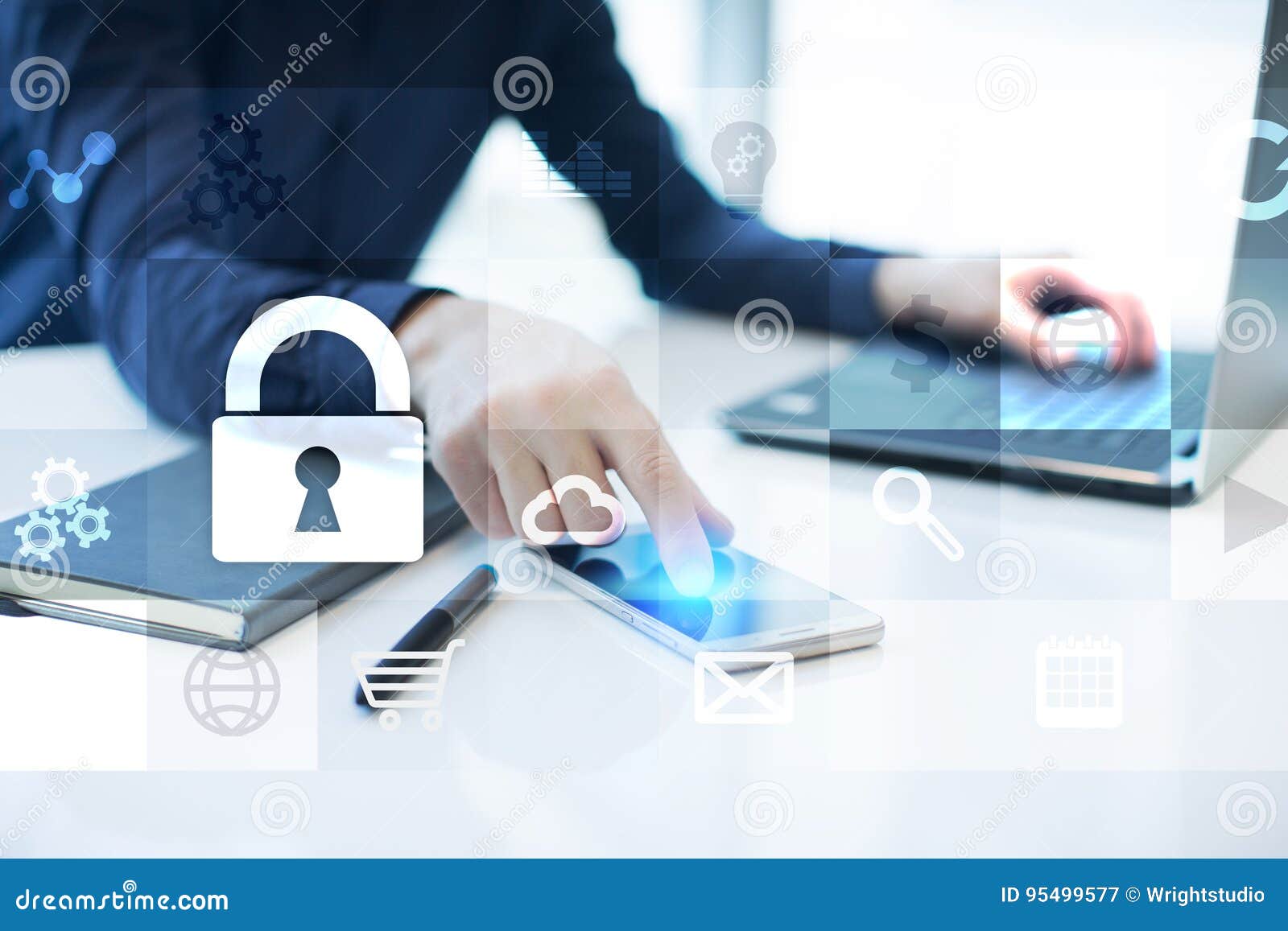 Data Protection And Cyber Security Concept On The Virtual Screen Stock