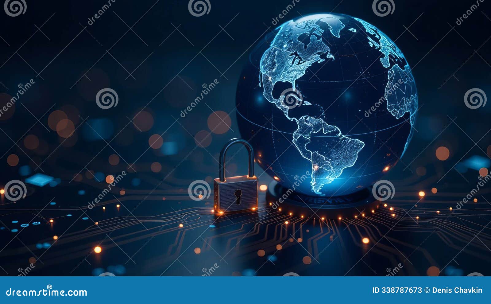 Data Protection and Cyber Security with Glowing Chip and World Map ...