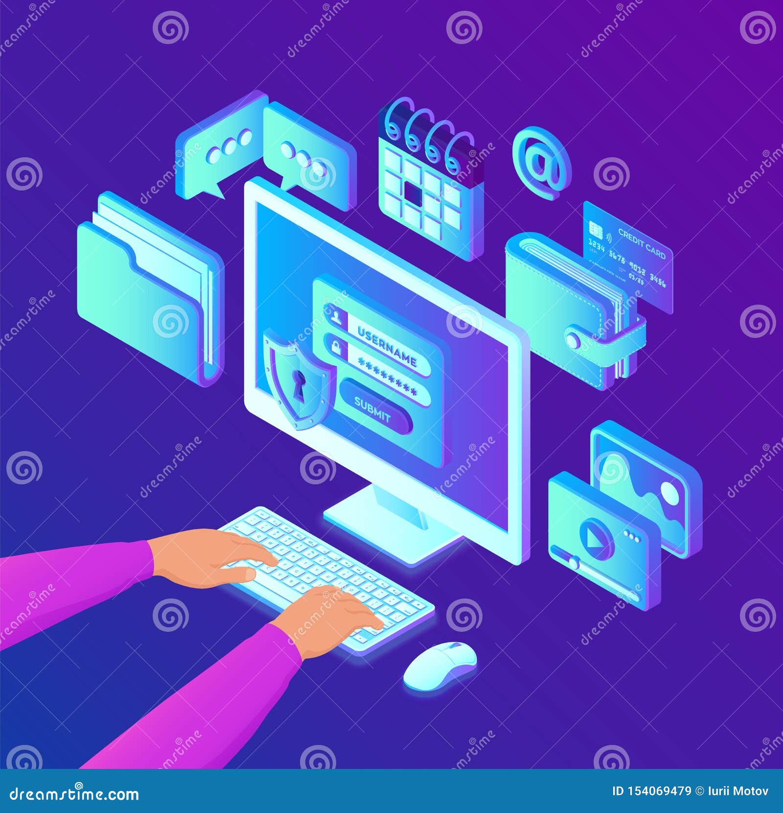 Data Protection. Desktop Pc with Authorization Form on Screen, Personal ...