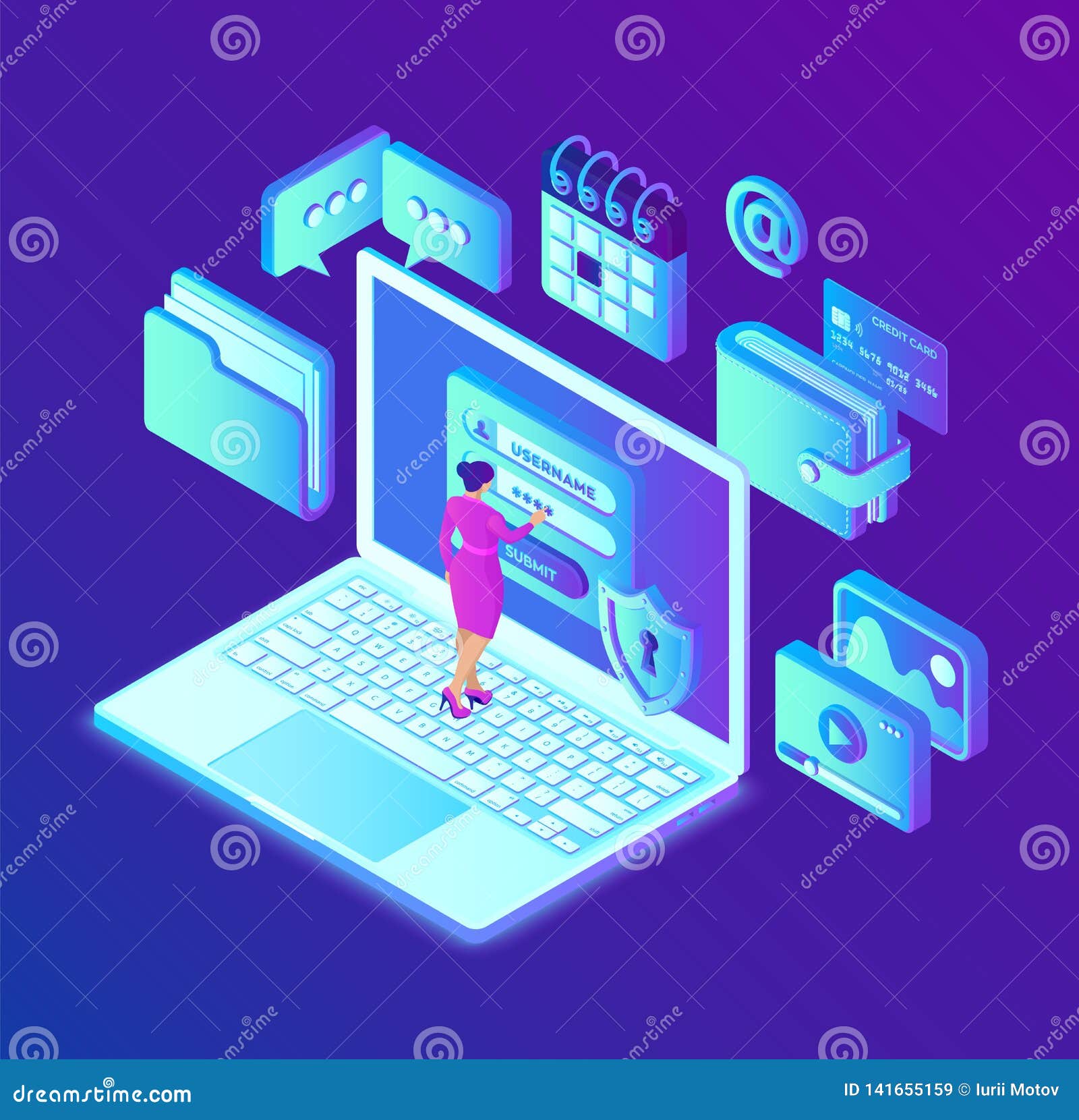 Data Protection. Desktop Pc with Authorization Form on Screen, Personal ...