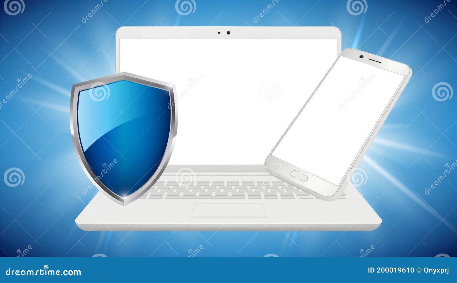 Data Protection. Laptop Smartphone Mockup, White Devices and Shield ...