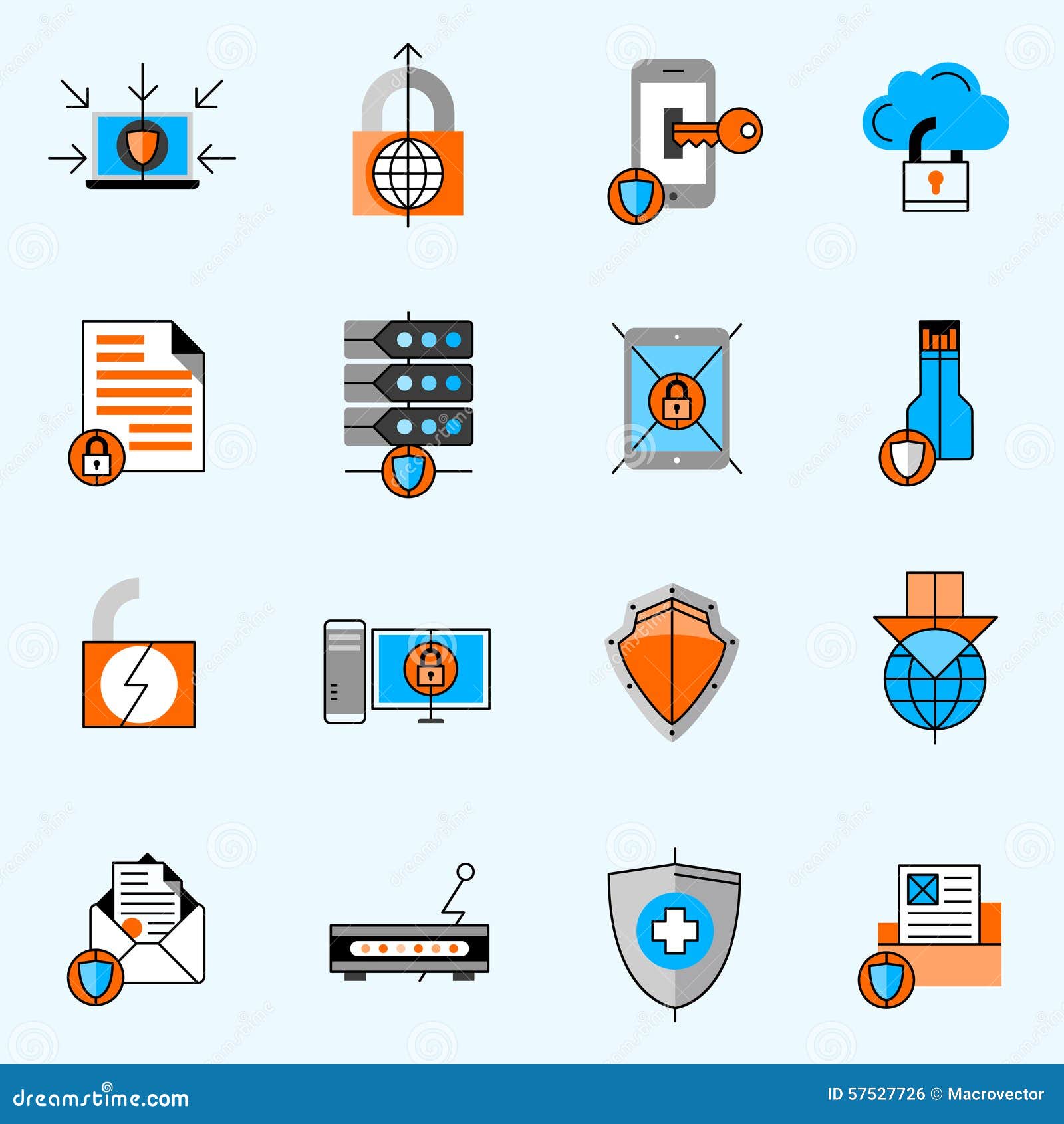 Data Protection Line Icons Set Stock Vector - Illustration of attack ...