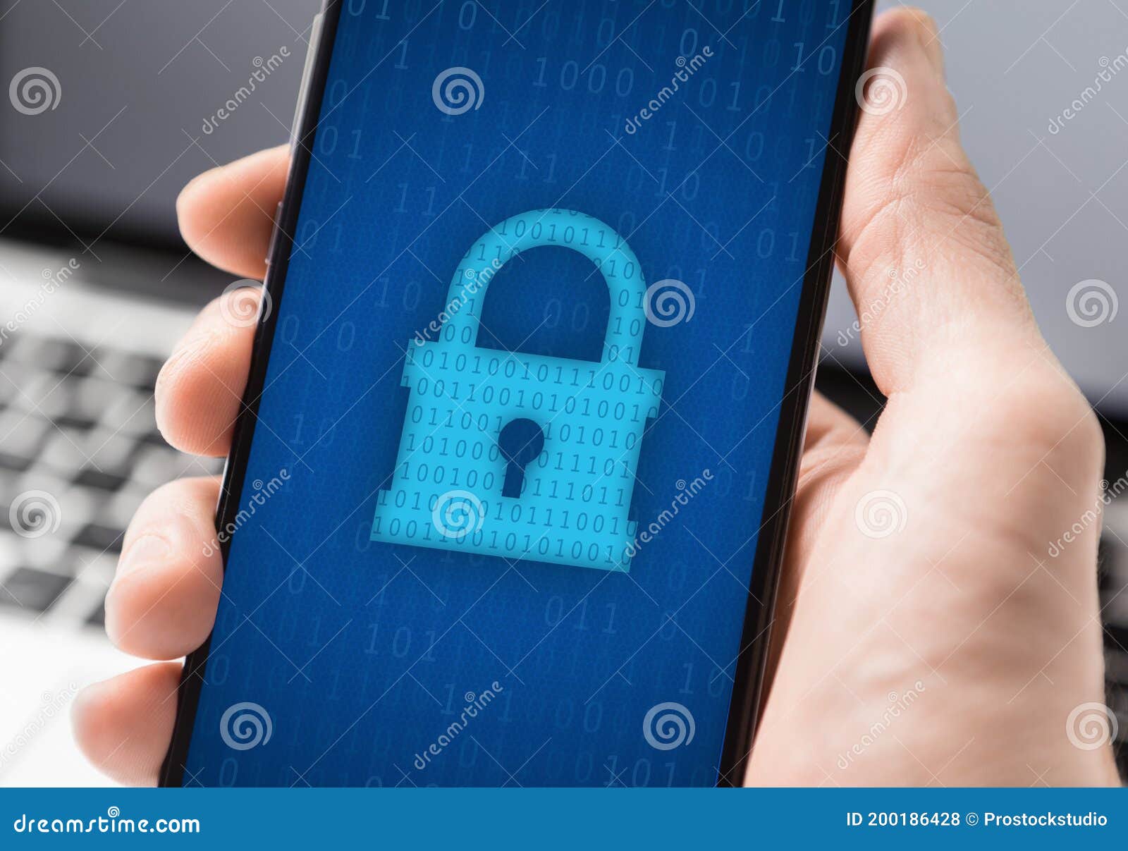 Person Using Mobile Phone, Padlock Icon on Blue Screen Stock Photo ...