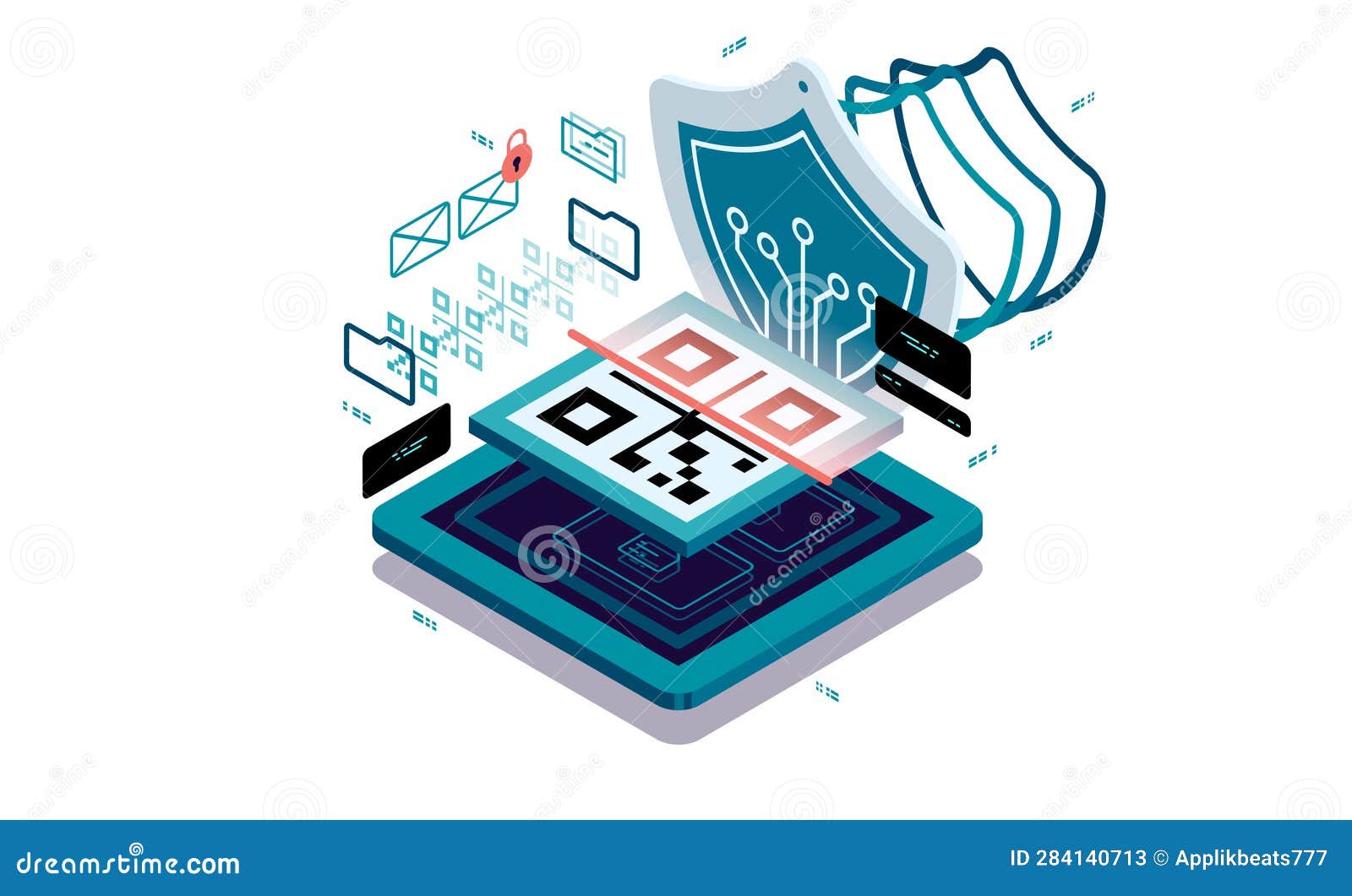 QR Code Safe Login Isometric Concept Icon. QR Code And Password Form On ...