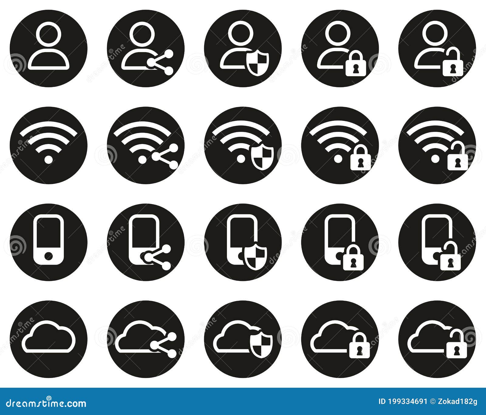 Data Protection & Data Security Icons White on Black Flat Design Circle ...