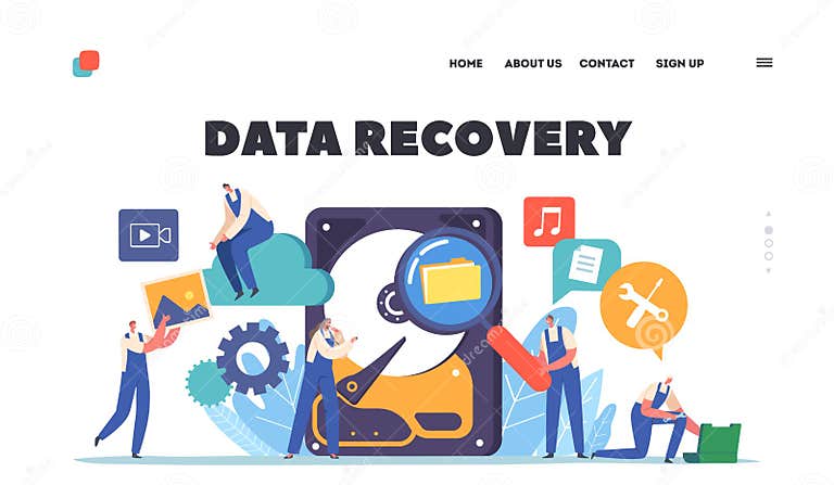 Data Recovery Landing Page Template. Tiny Workers Characters with Tools ...
