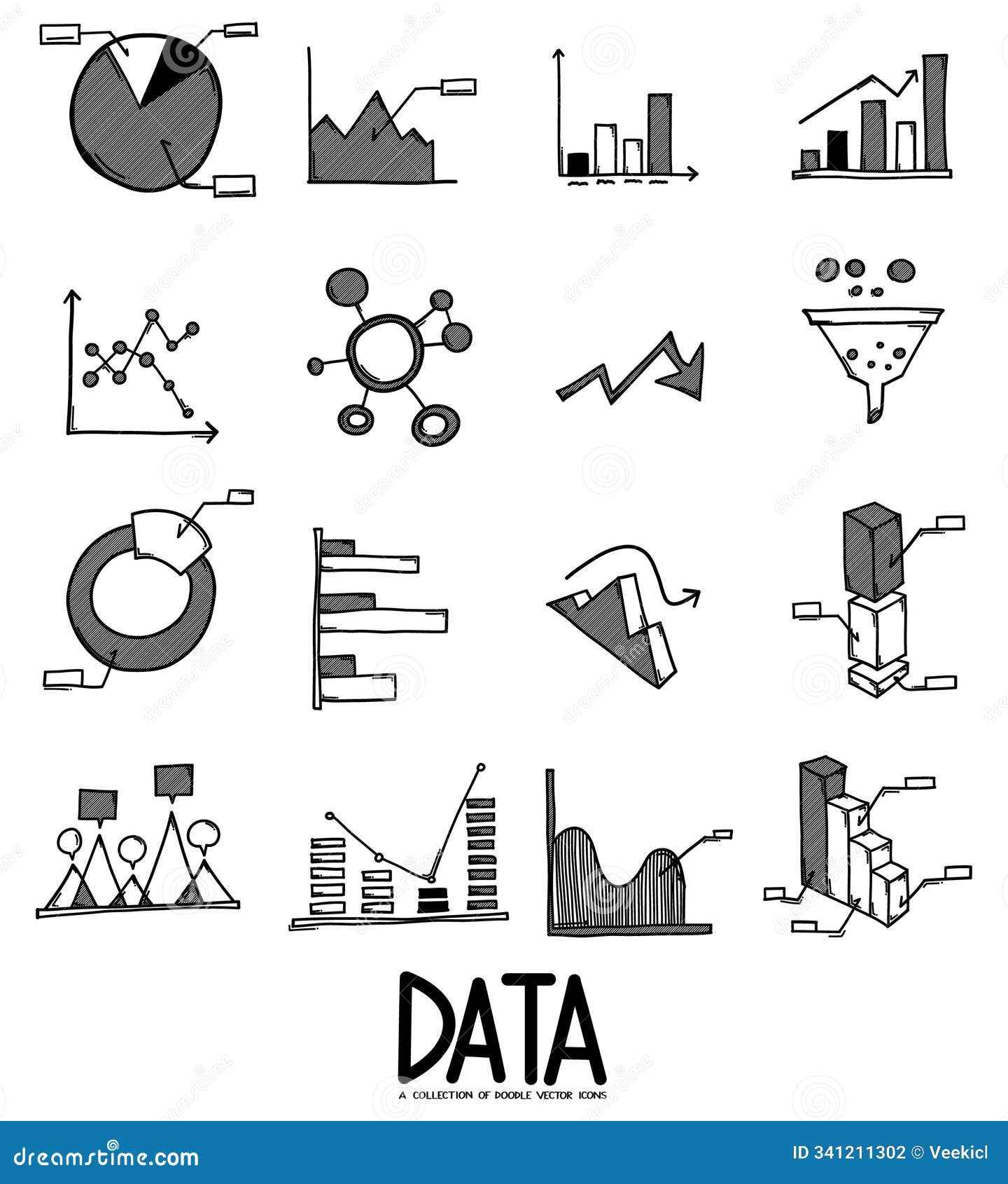 Data Related Doodle Vector Icon Set. Drawing Sketch Illustration Hand ...