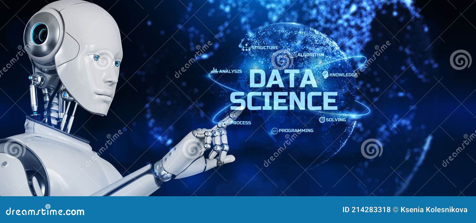 Data Science Analytics Technology Concept. Robot Pressing Button on ...