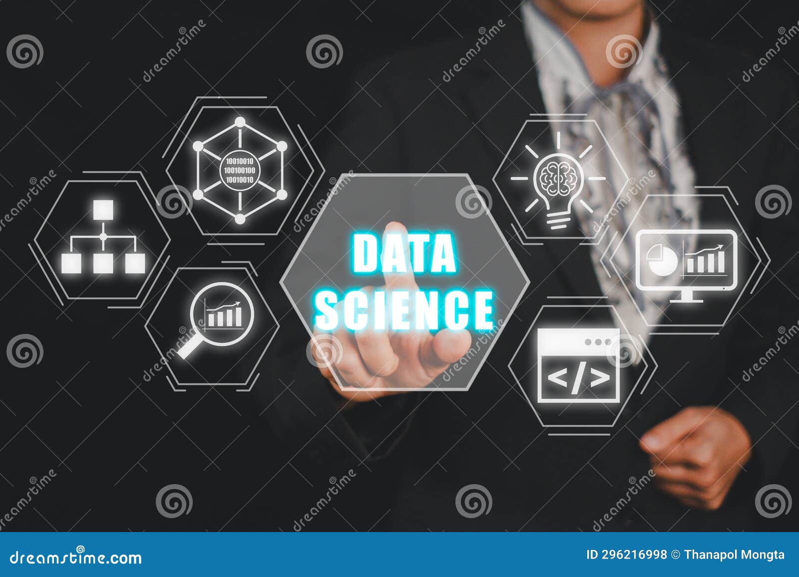 Business Woman Hand Touching Data Science Icon on Virtual Screen, Data ...