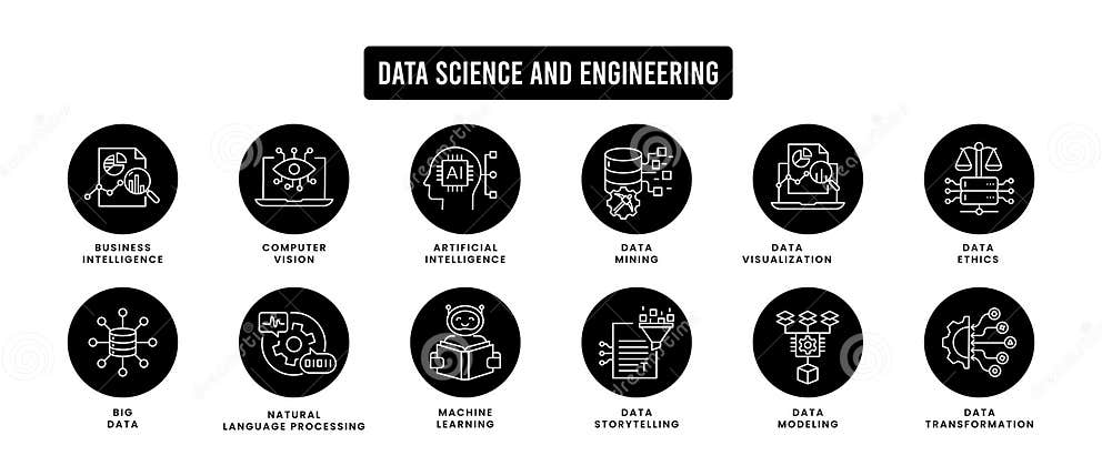 Data Science and Engineering Icons: Modeling, Transformation, Mining ...