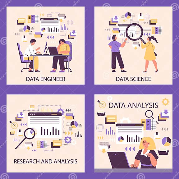 Data Science, Research and Analysis Posters Set, Flat Vector ...