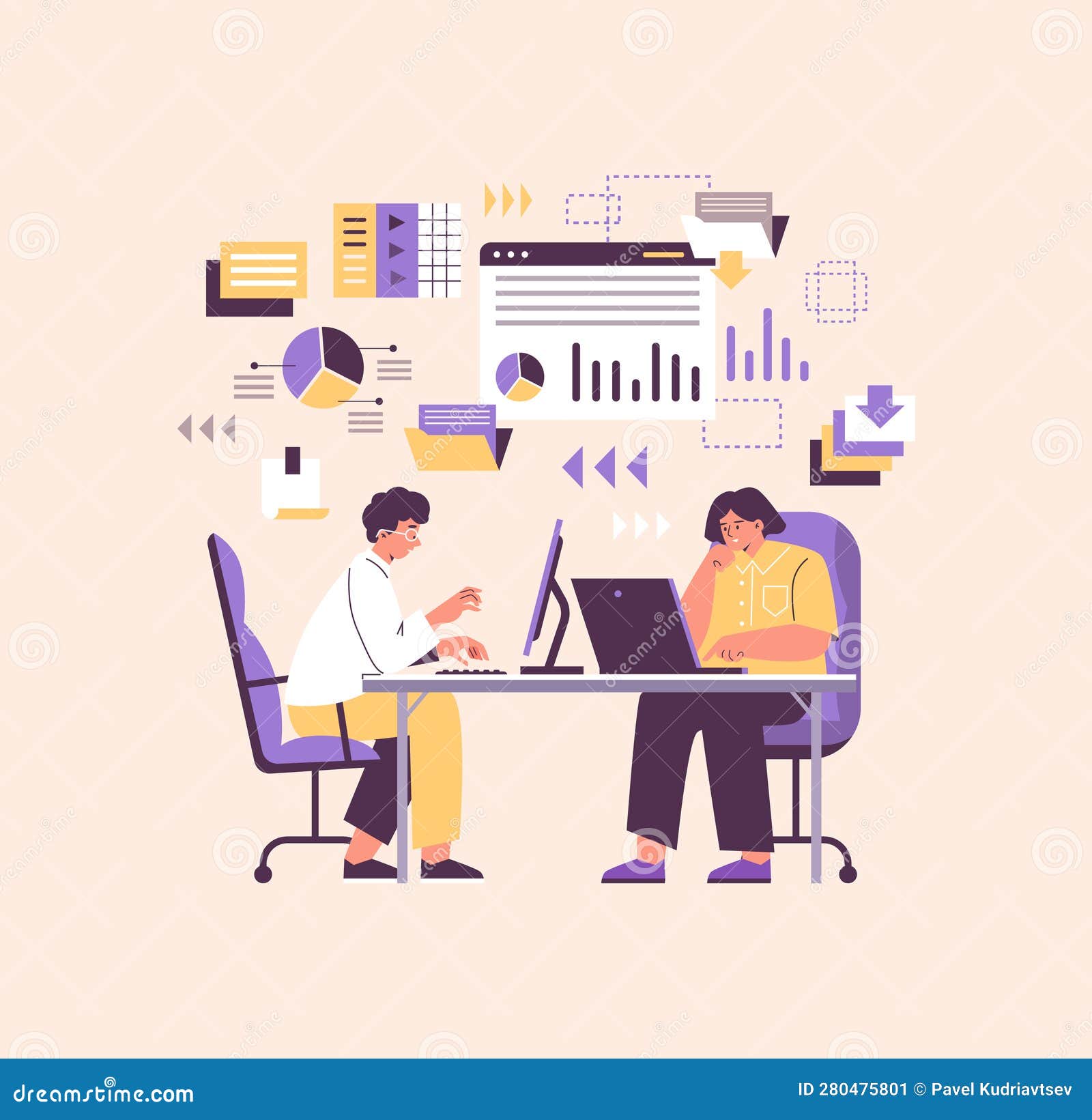 Data Science Technology Experts at Work, Flat Vector Illustration ...