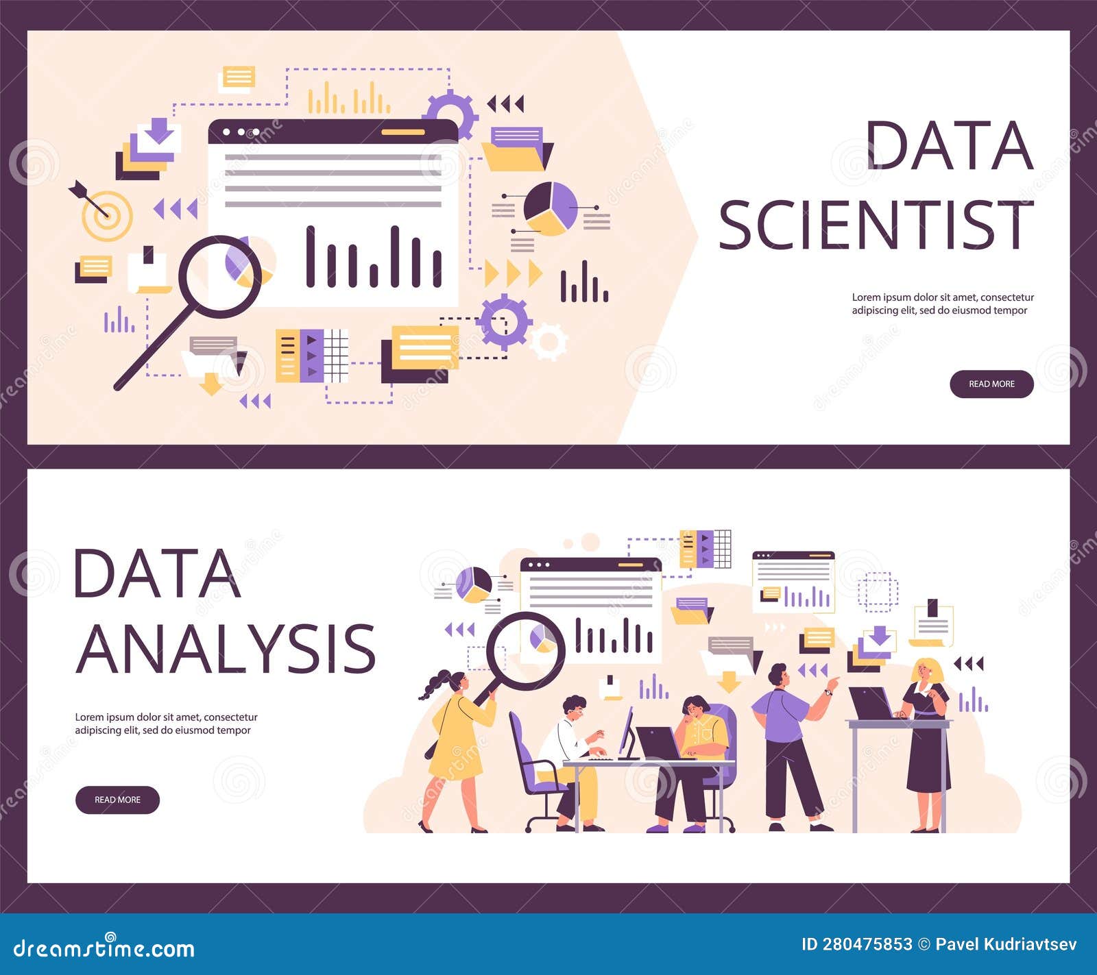 Data Scientist and Data Analyst Occupation Banners or Flyers Set, Flat ...
