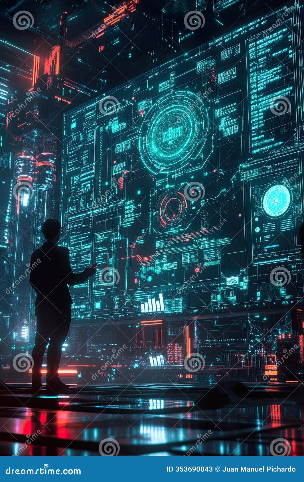 Data Scientist Analyzing a Huge Screen with Complex Graphics and ...