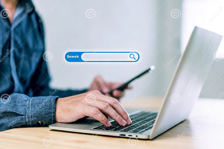 Data Search Technology Search Engine Optimization. Man Hands Using ...