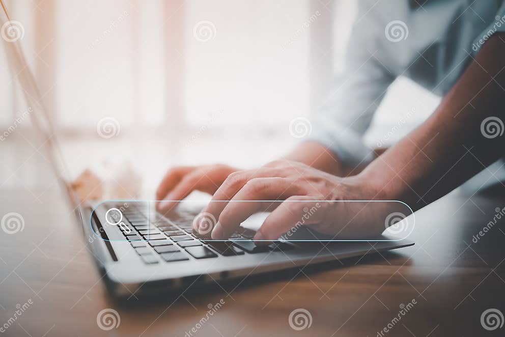 Data Search Technology Search Engine Optimization. Man`s Hands are Using a Computer Notebook To ...