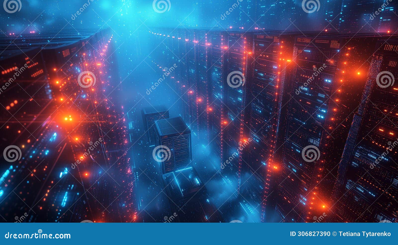 Data Security in Action: Server Room with Racks Glowing with Power and ...