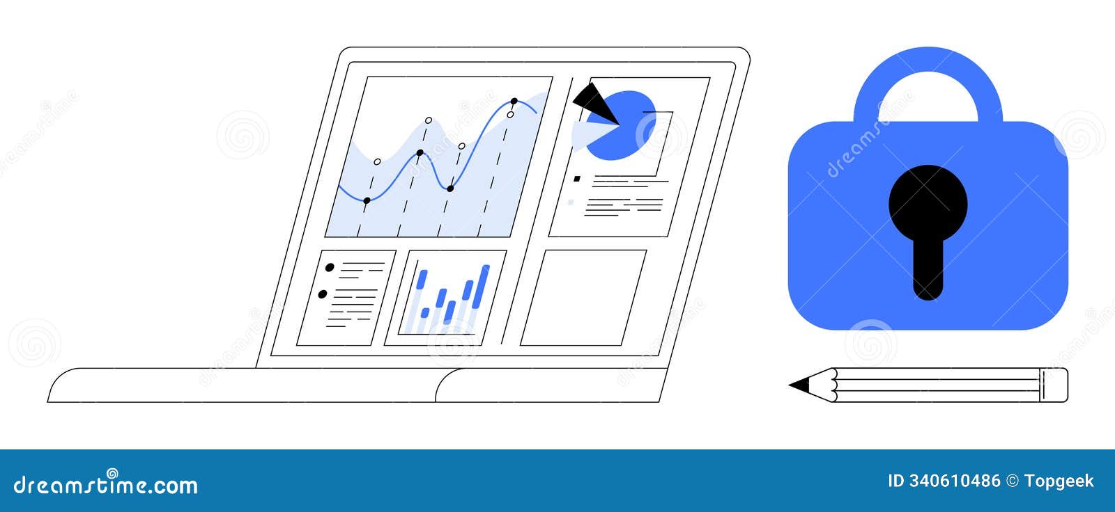 Data Security and Analytics Concept with Laptop, Graphs, and Lock Icon ...