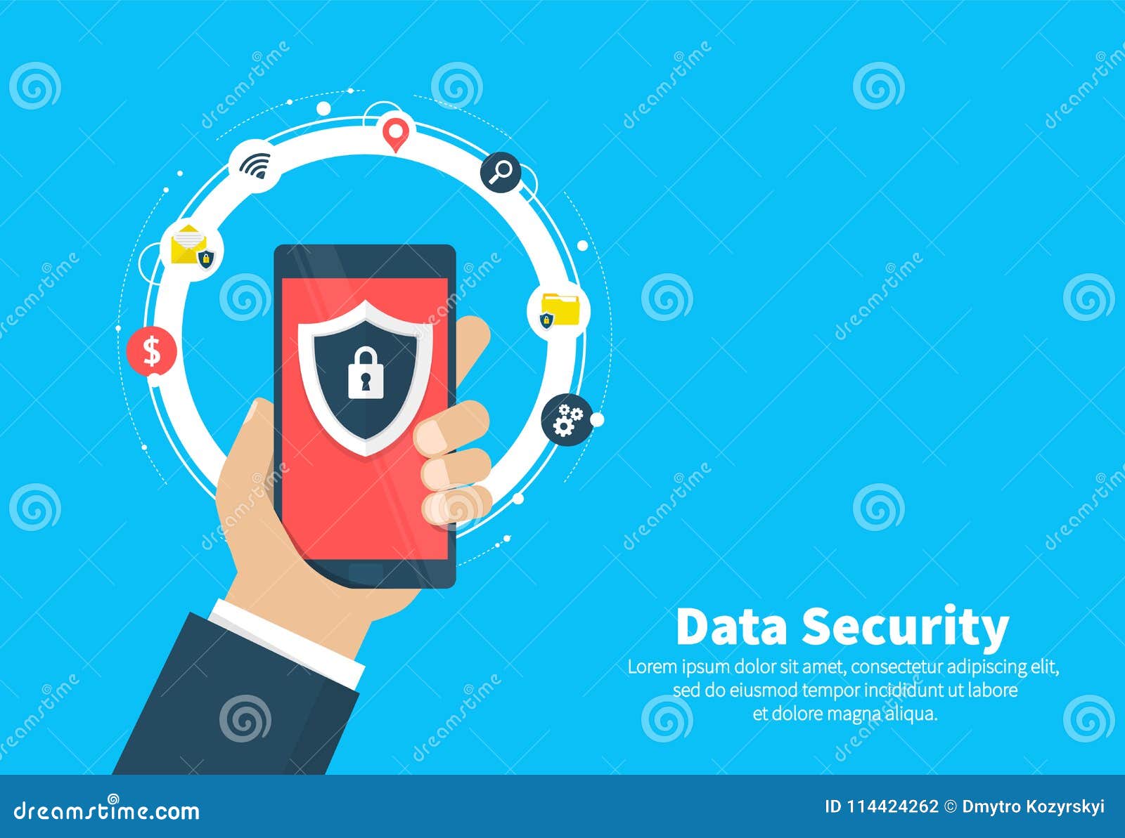 Data Security Flat Illustration Concept. Smartphone with Shield and ...