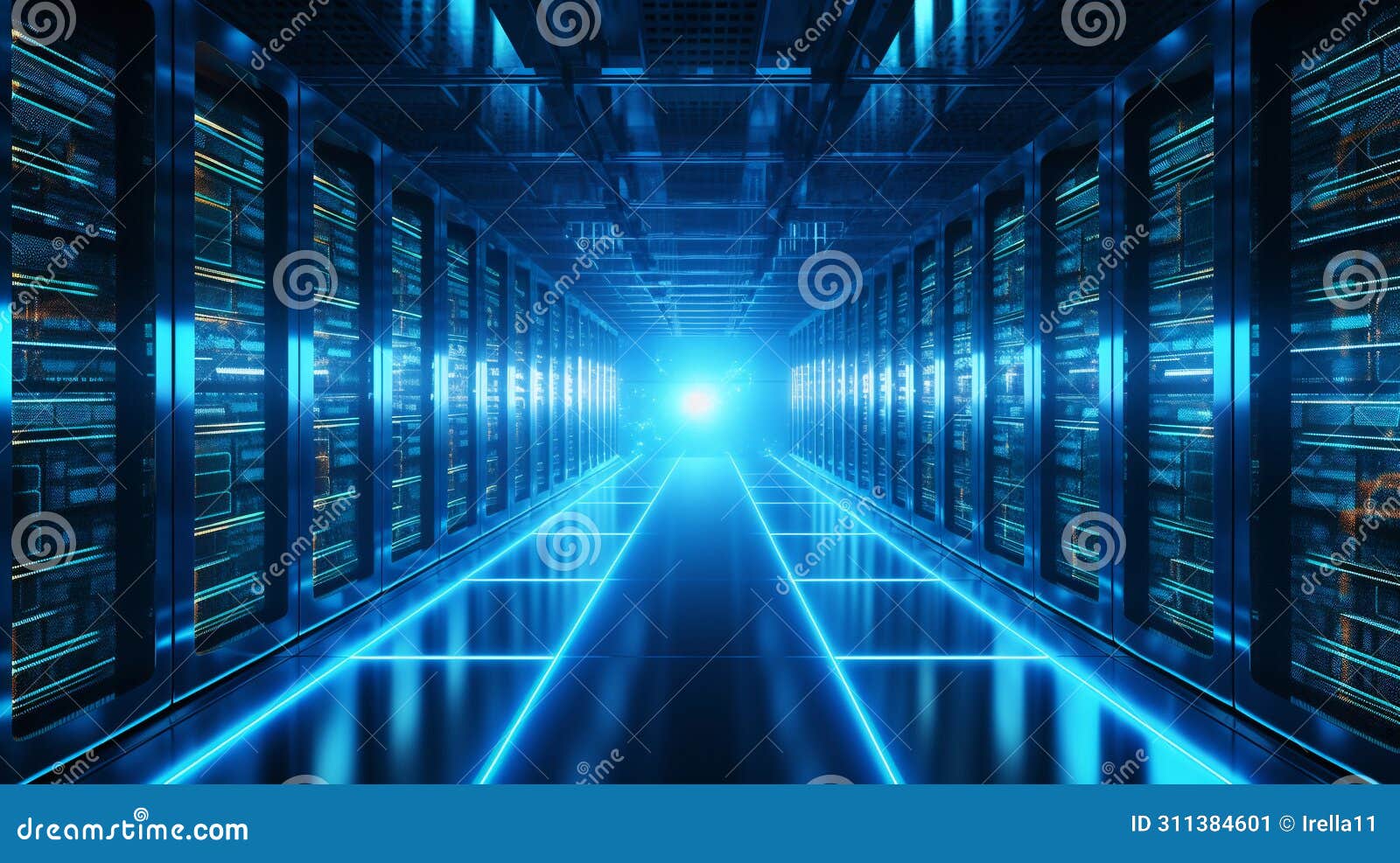 Data Server Center Blue Background. an Array of Servers in a Long ...