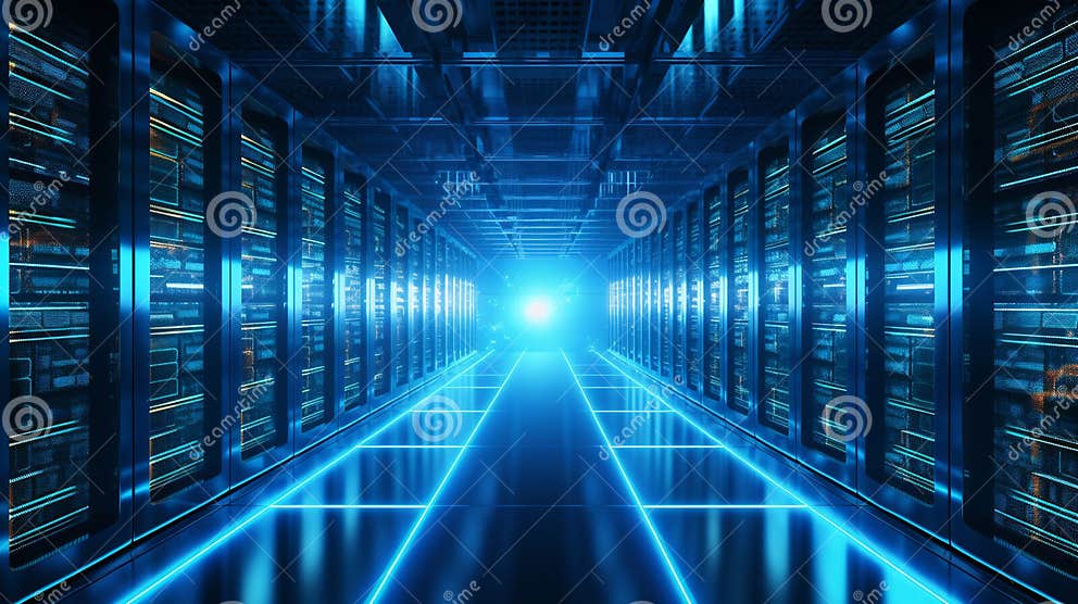 Data Server Center Blue Background. an Array of Servers in a Long ...