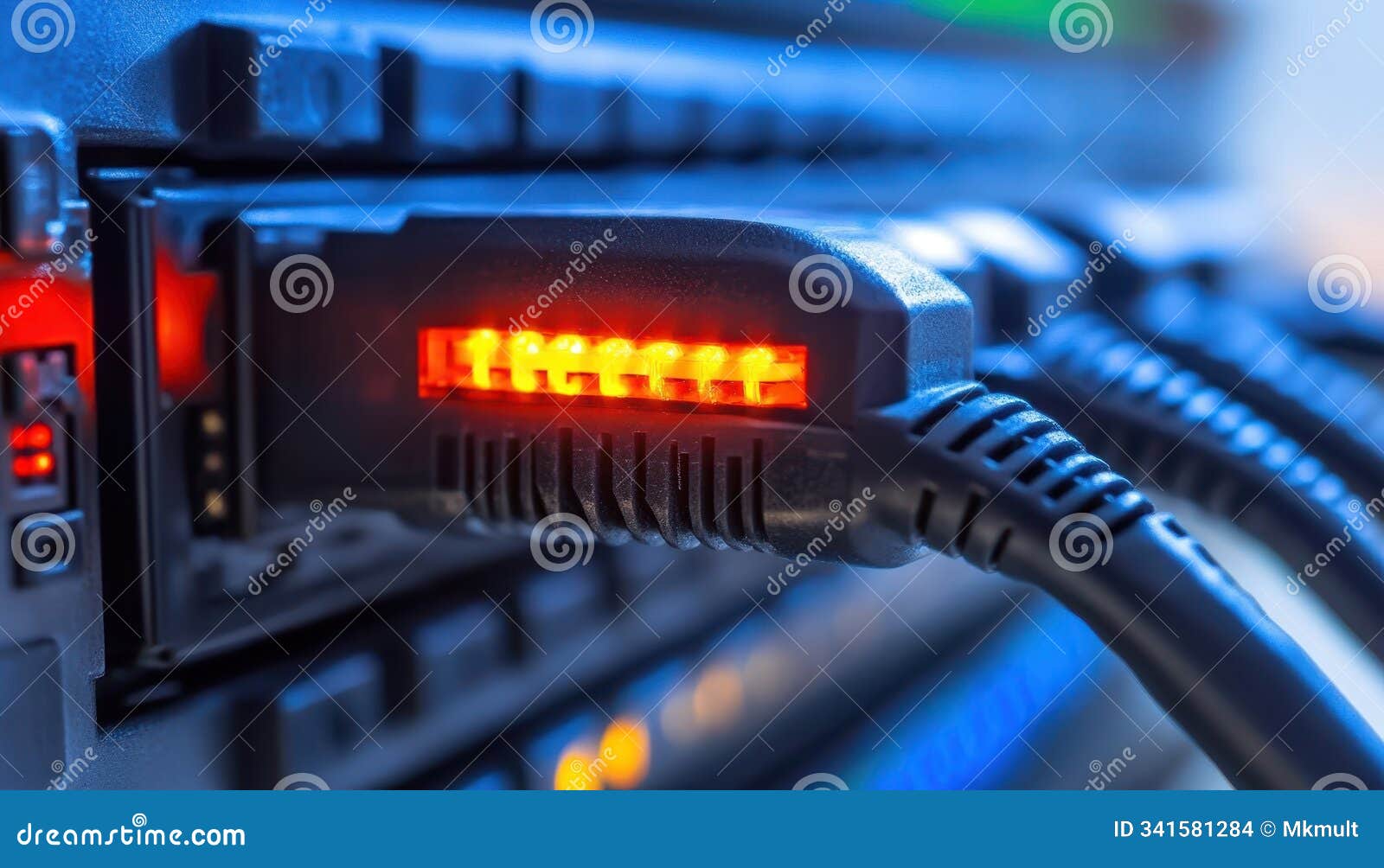 Data Server with Lit Indicators and Connected Network Cables in a Data ...