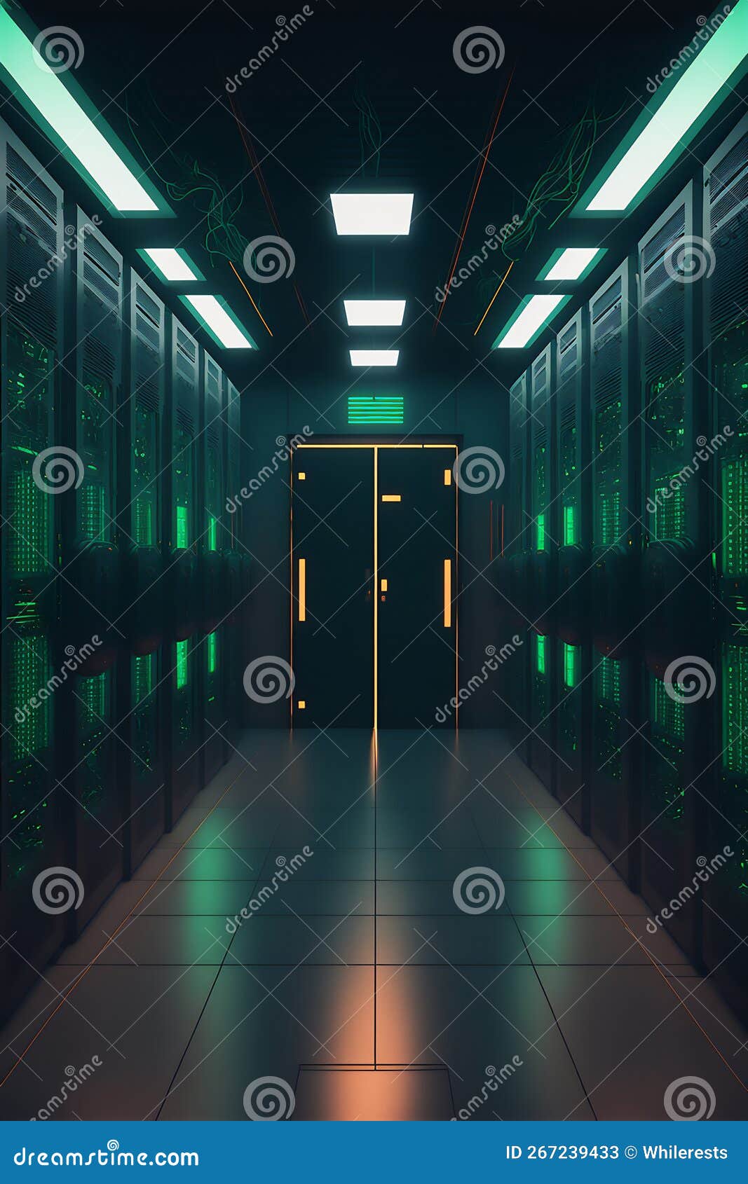 Data Server Racks Room with Big Data Computer Center. Green Corridor ...