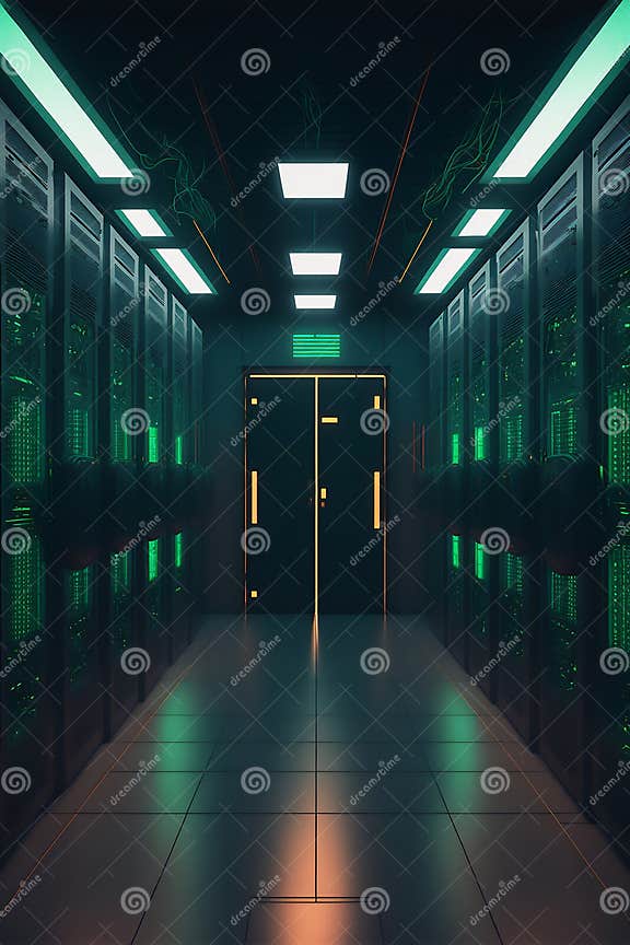 Data Server Racks Room with Big Data Computer Center. Green Corridor ...