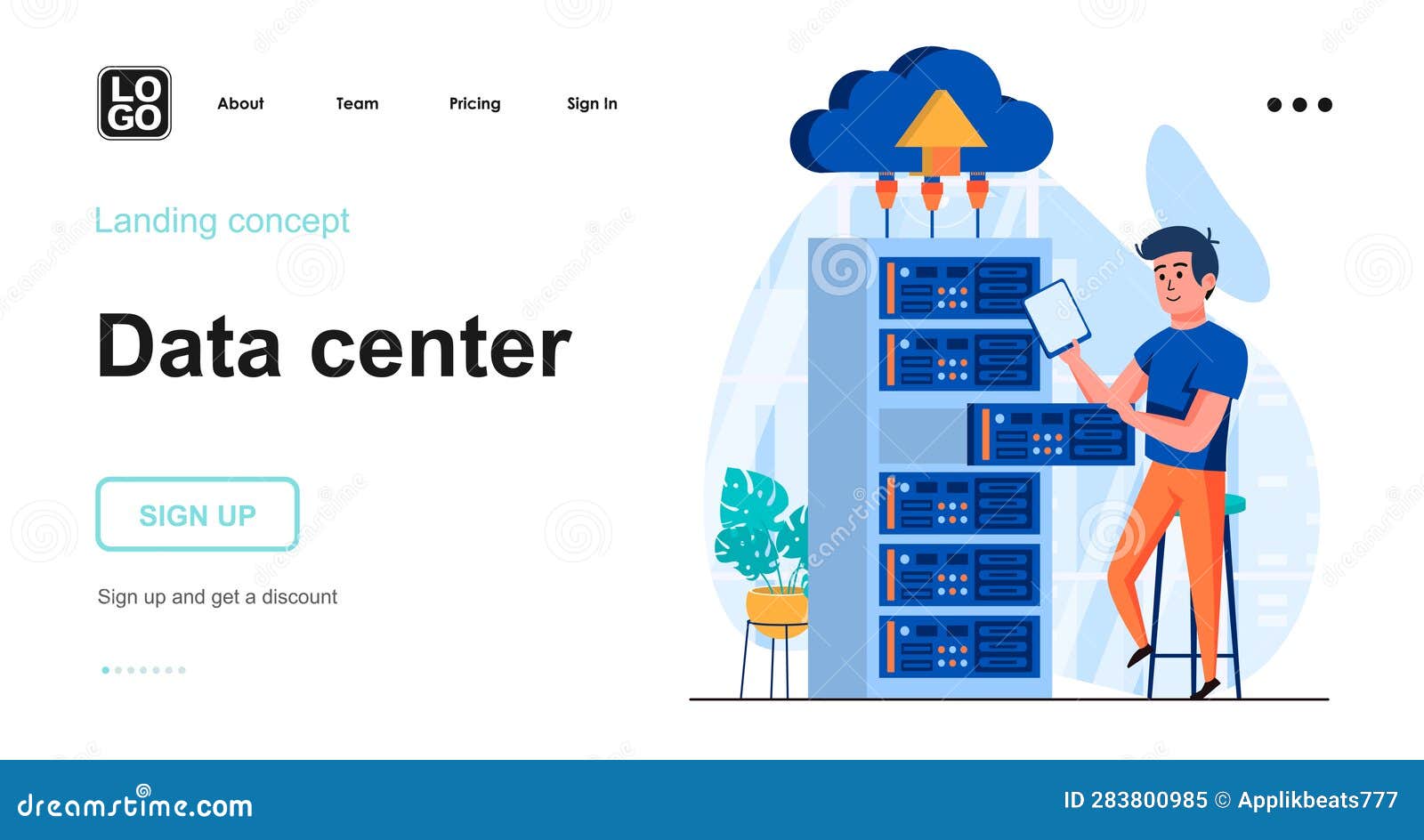 Data Server Web Concept. Man Engineer Maintains Work in Server Room, Cloud Storage, Datacenter ...