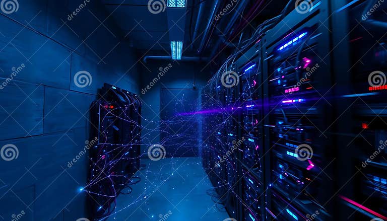 Data Servers Pulse with Neon Lights in Tech Corridor Stock Photo ...