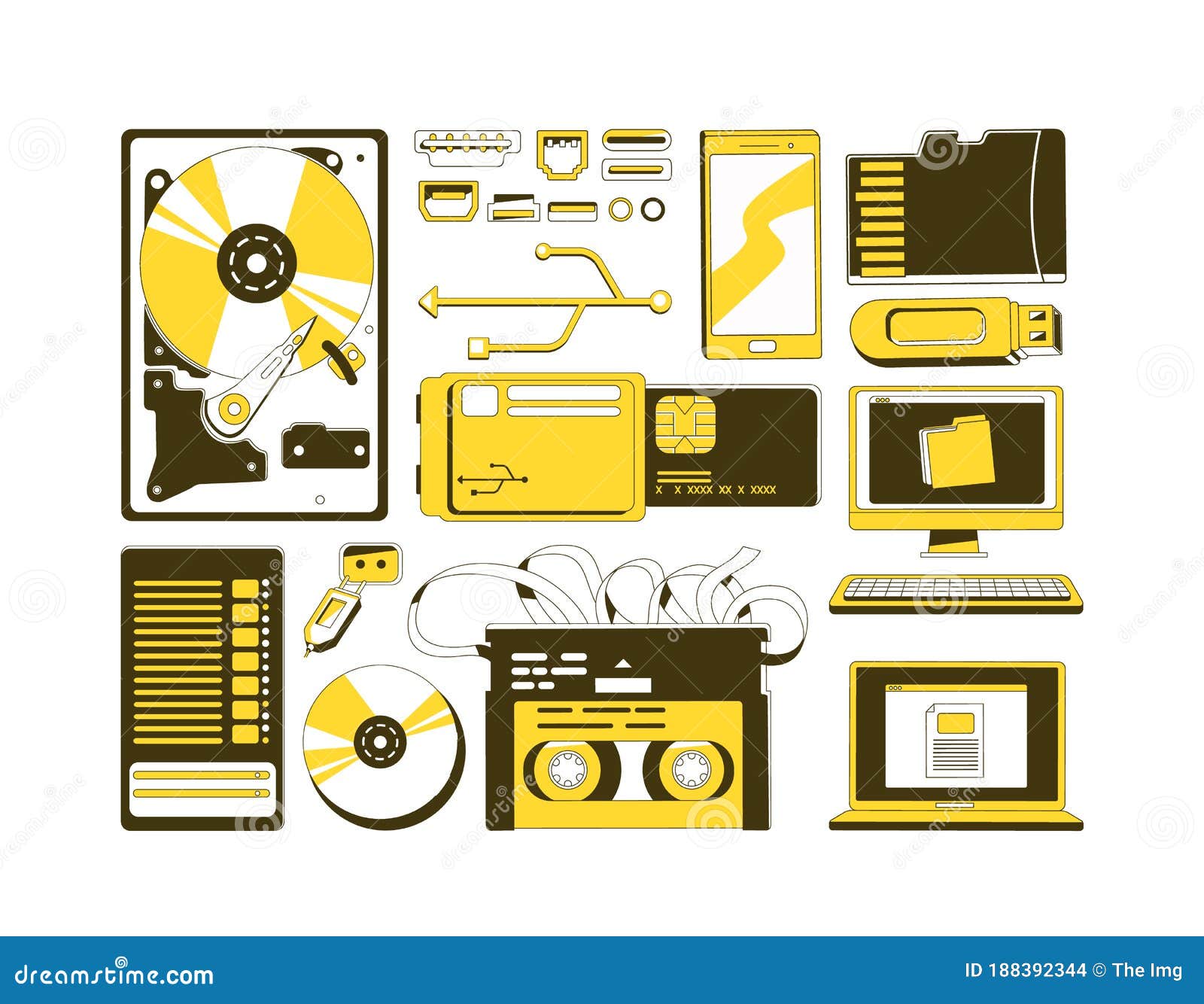 Data Storage Devices Yellow Linear Objects Set Stock Vector ...