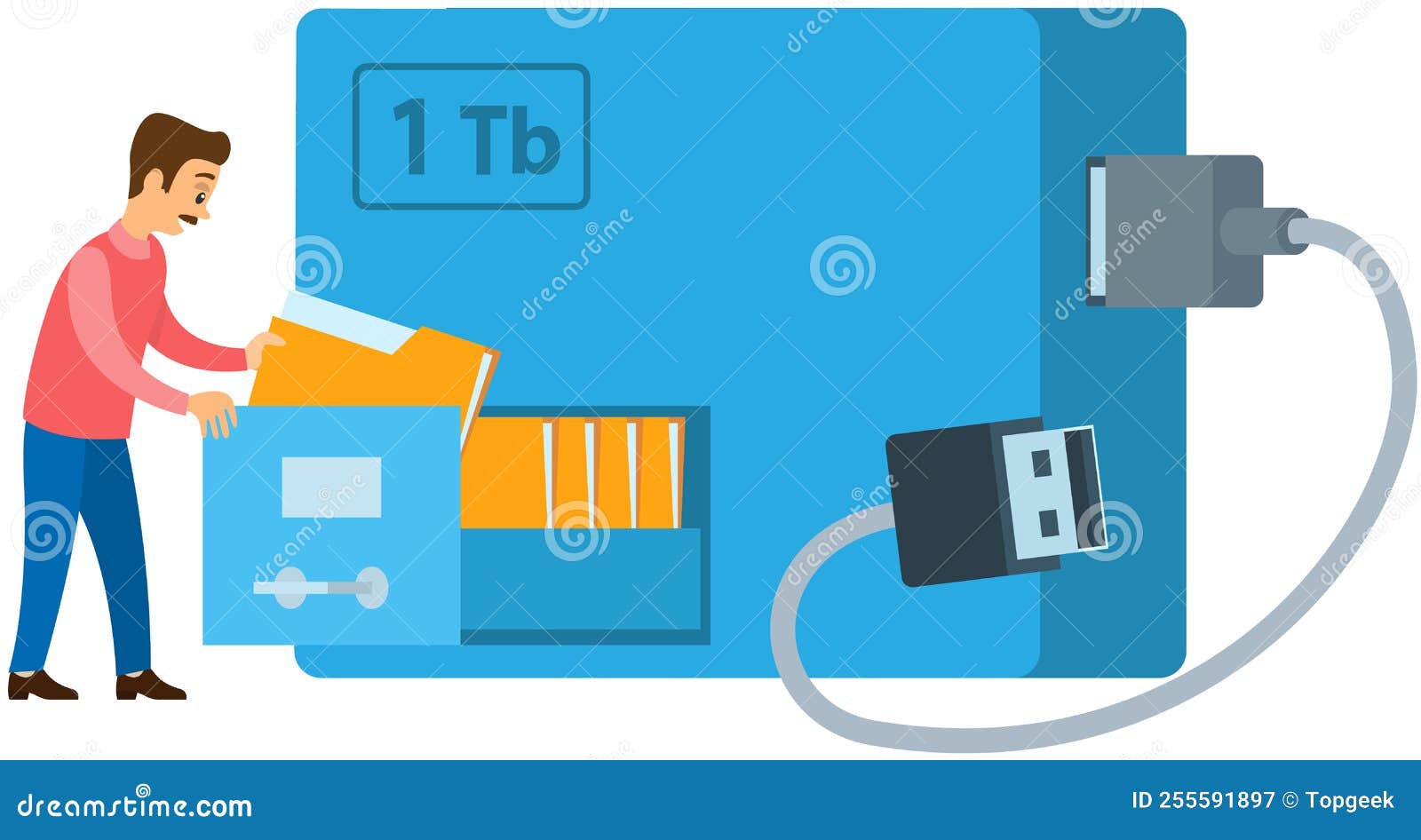 Data Storage on Portable Device. Man Stacking Folders with Information ...