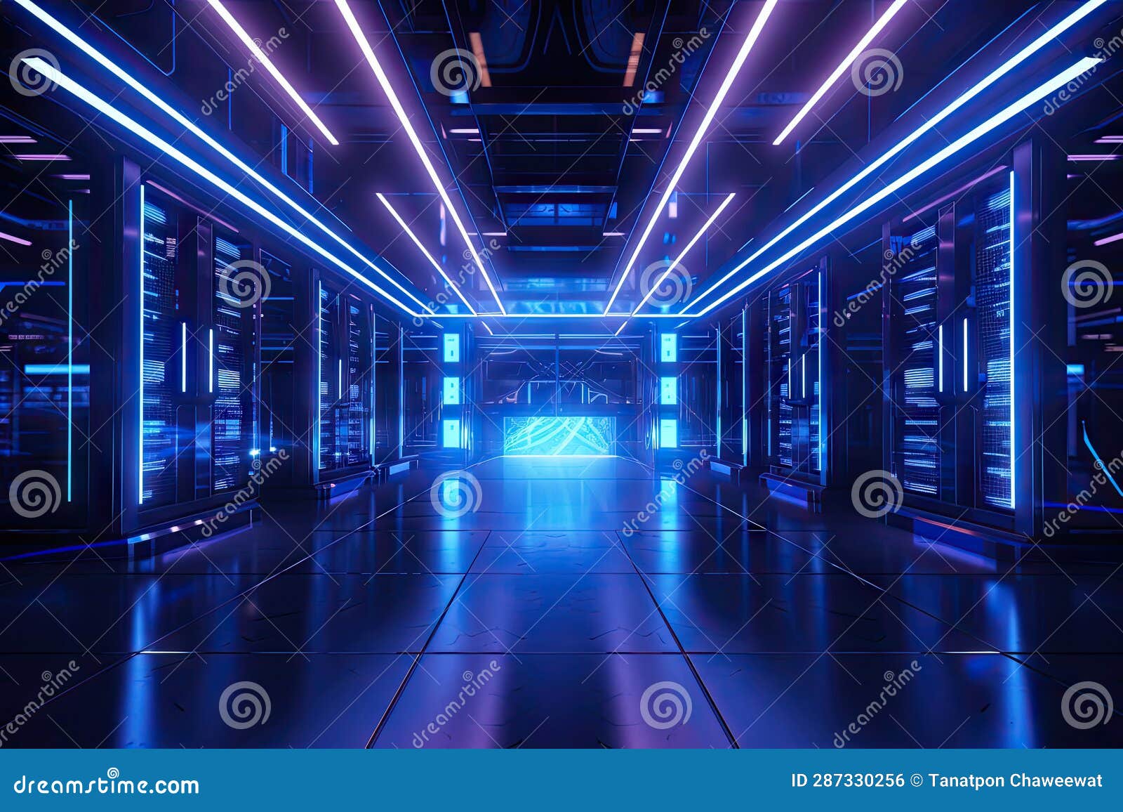 Data Storage Server Warehouse Room with Neon Light Glowing Trails ...
