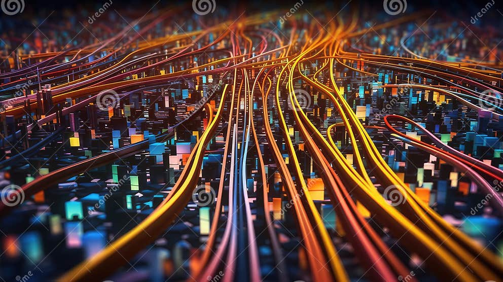 Data Streams Flowing through Cables and Conduits, Forming a Data ...