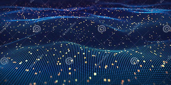 Data Technology Background with Dots and Binary Code on 3D Wave Landscape. Big Data and Science ...