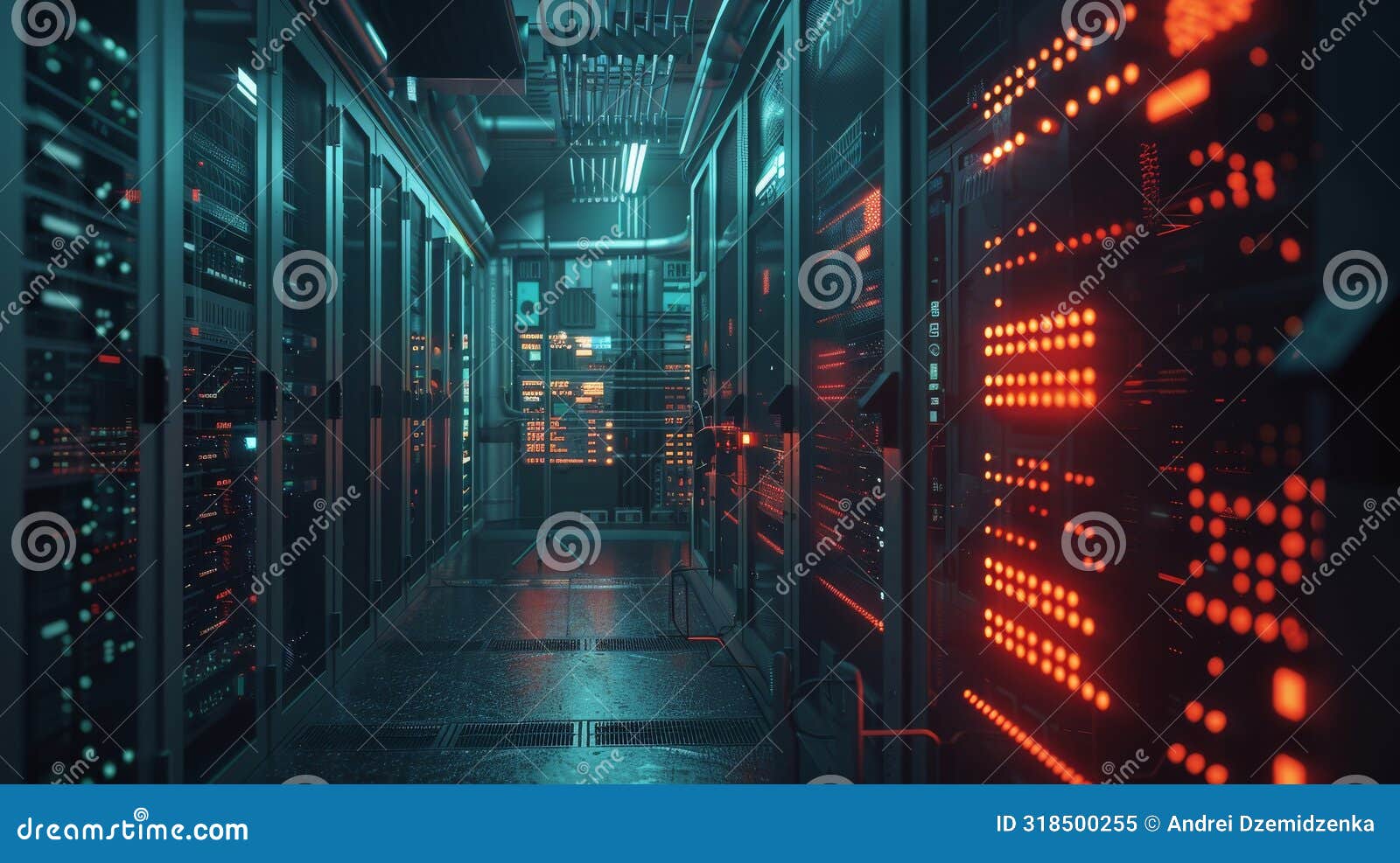 Data Technology Center Server Racks with VFX in Dark Room. Detailed ...