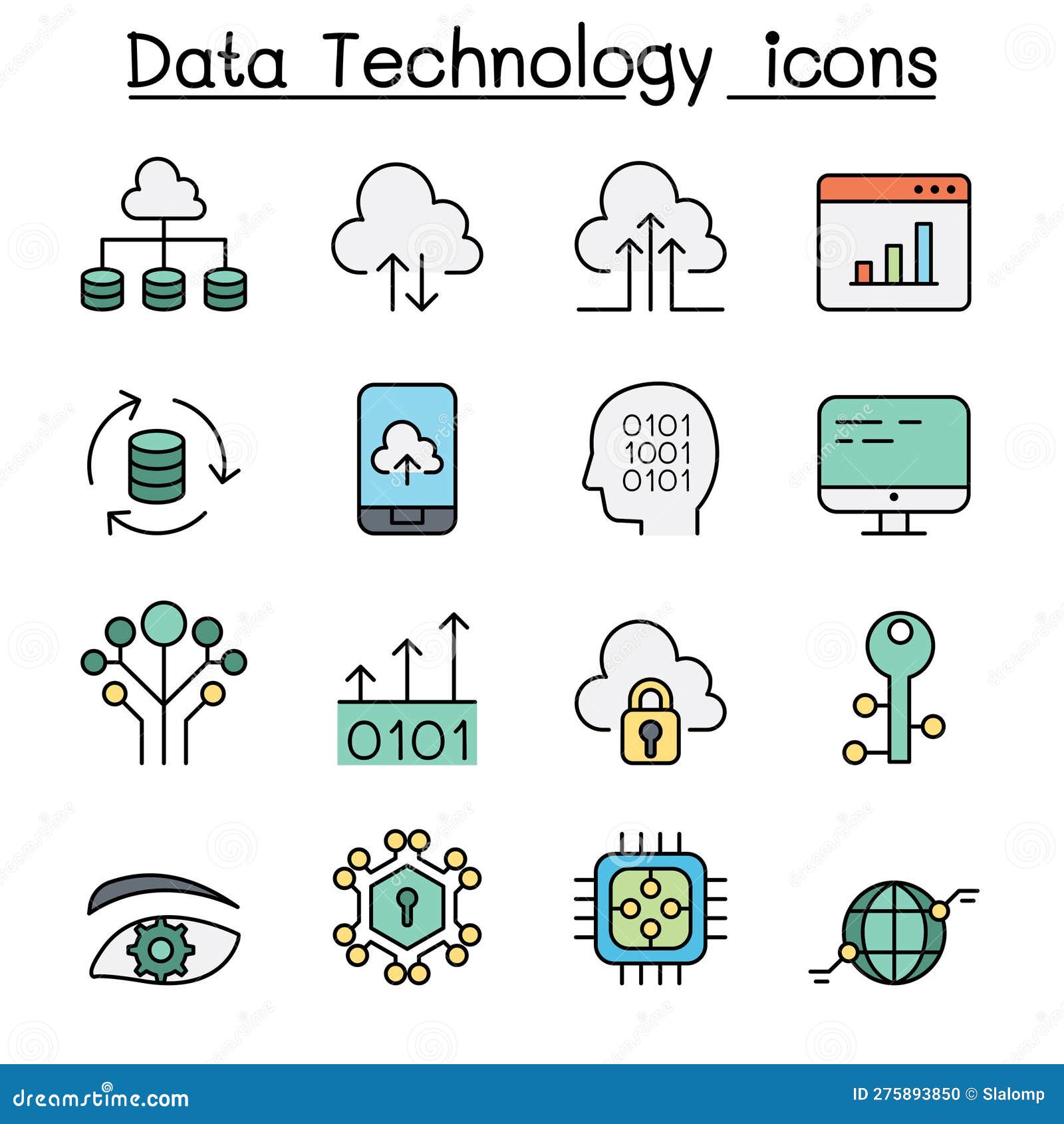 Data Technology, Database, Cloud Computing, Server, Computer Network Color Line Icon Set Stock ...