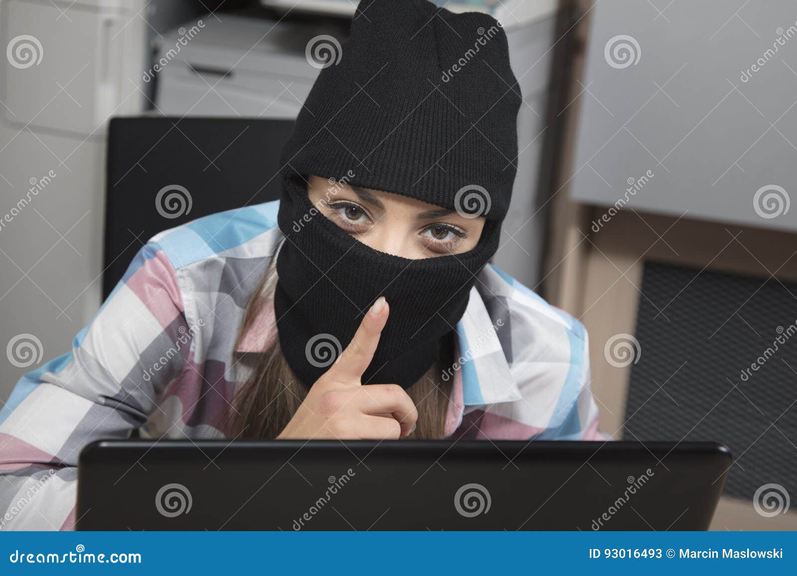 Data Thief on Computer Performs a Silent Gesture Stock Image - Image of ...