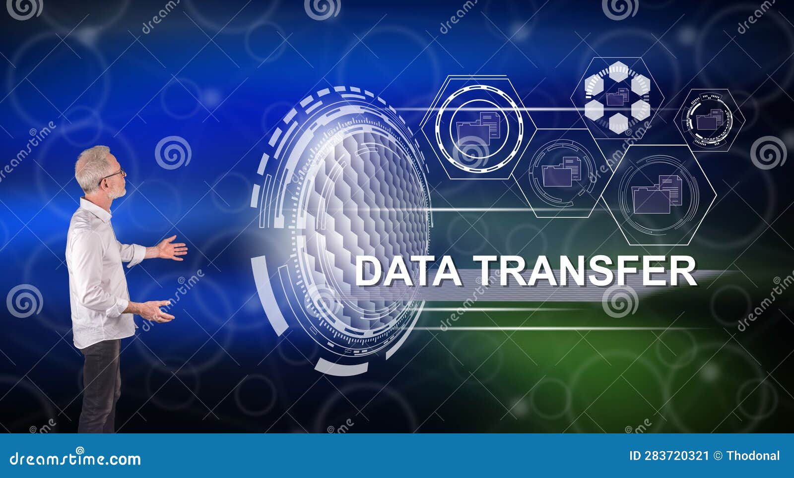 A Data Transfer Concept Explained by a Businessman on a Wall Screen ...