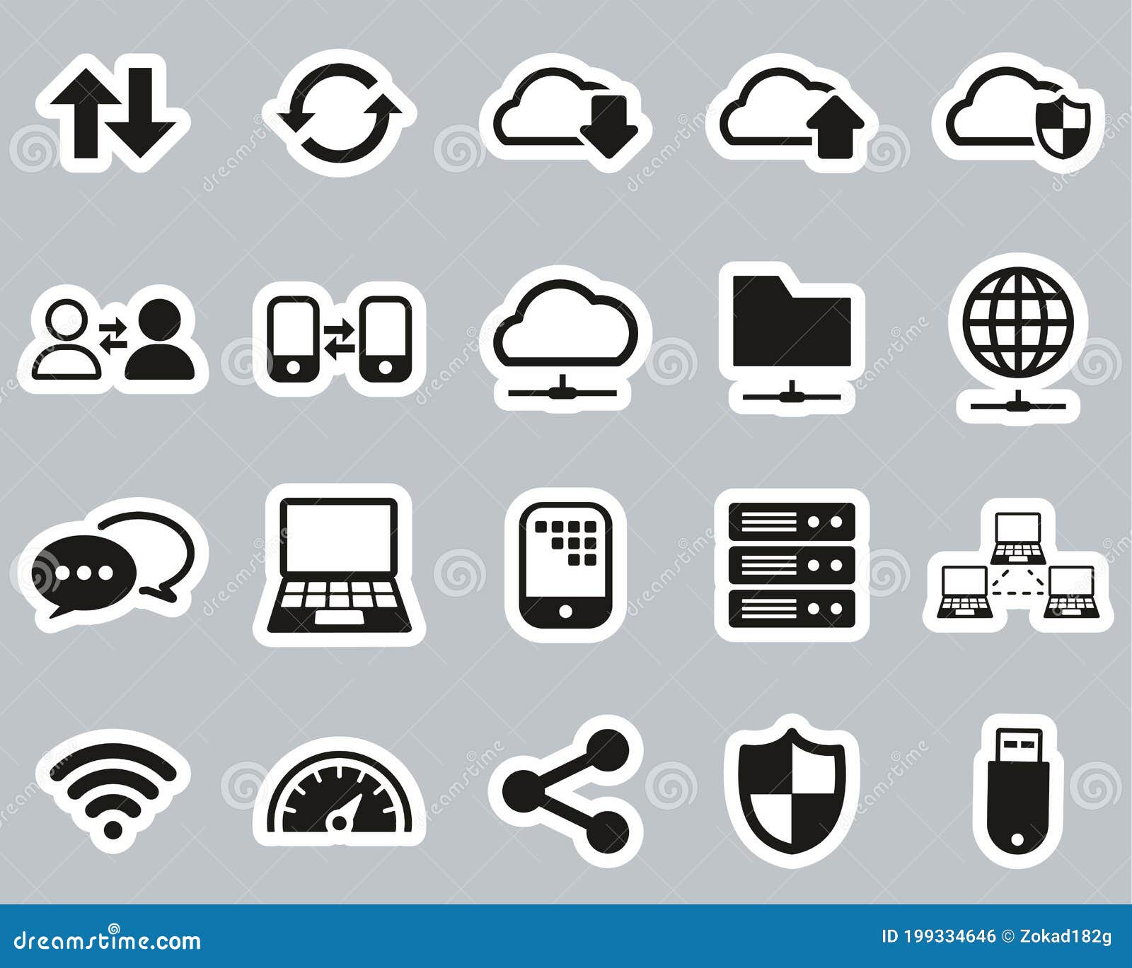 Data Transfer Icons Black & White Sticker Set Big Stock Vector ...