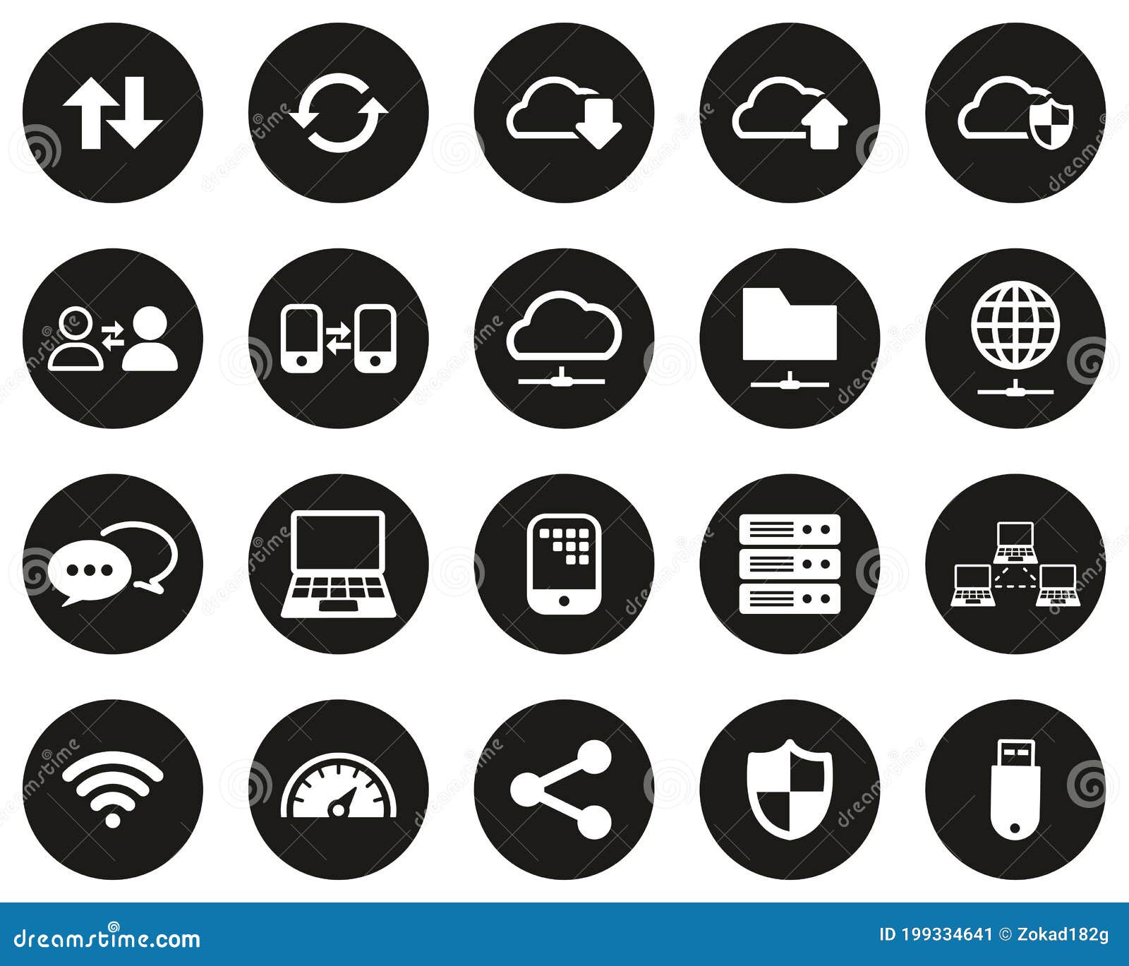 Data Transfer Icons White on Black Flat Design Circle Set Big Stock ...