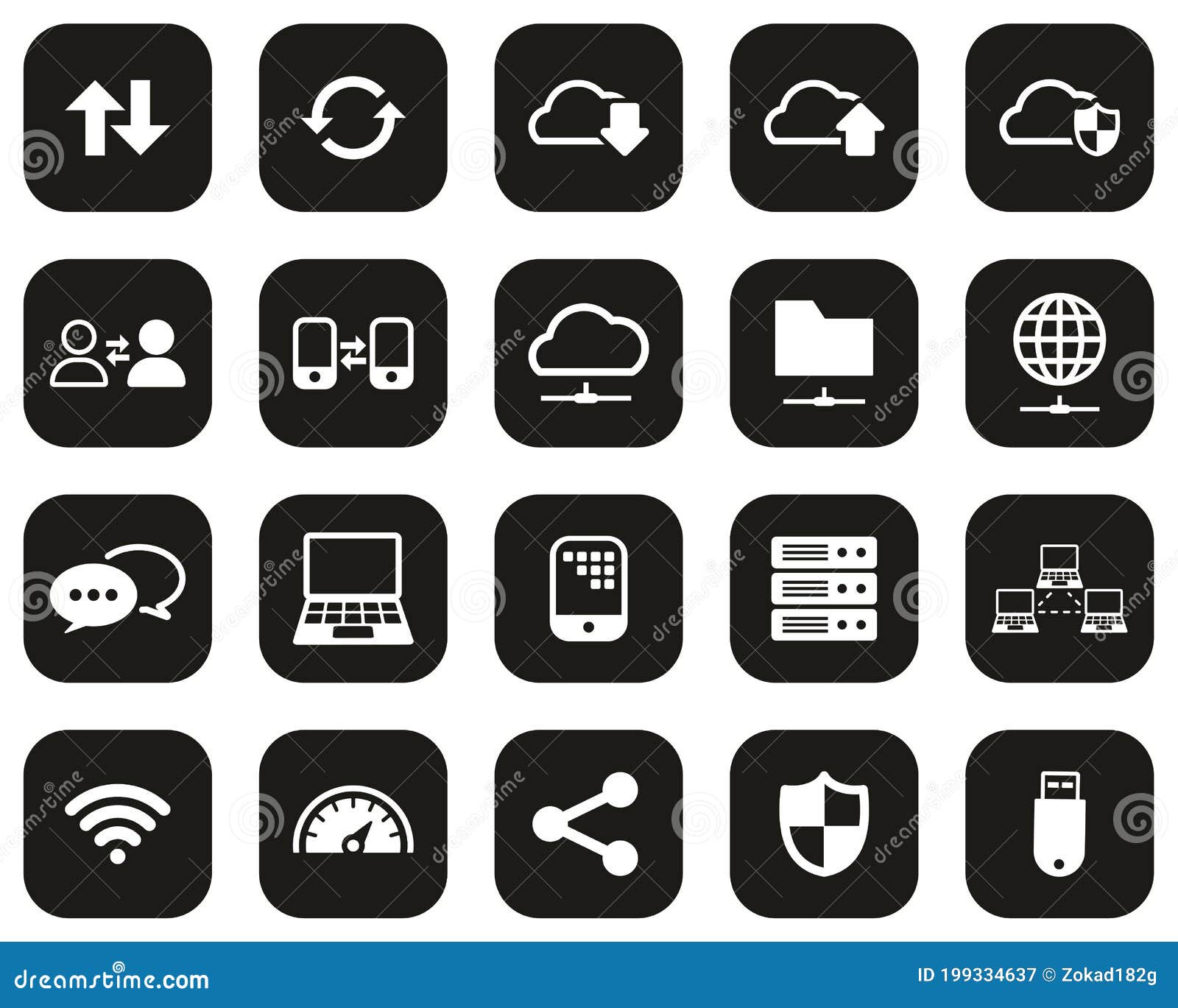 Data Transfer Icons White on Black Flat Design Set Big Stock Vector ...