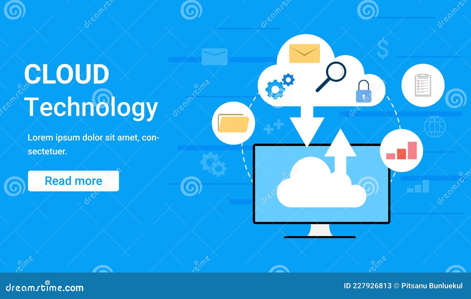 Data Transferring from Computer and Cloud System with Small Icons Stock ...