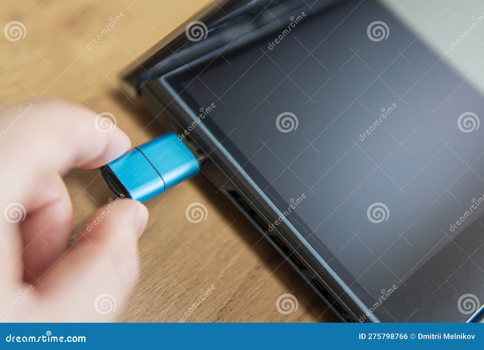 Data Transmission. Hand Inserting USB Flash Drive into Computer Laptop ...