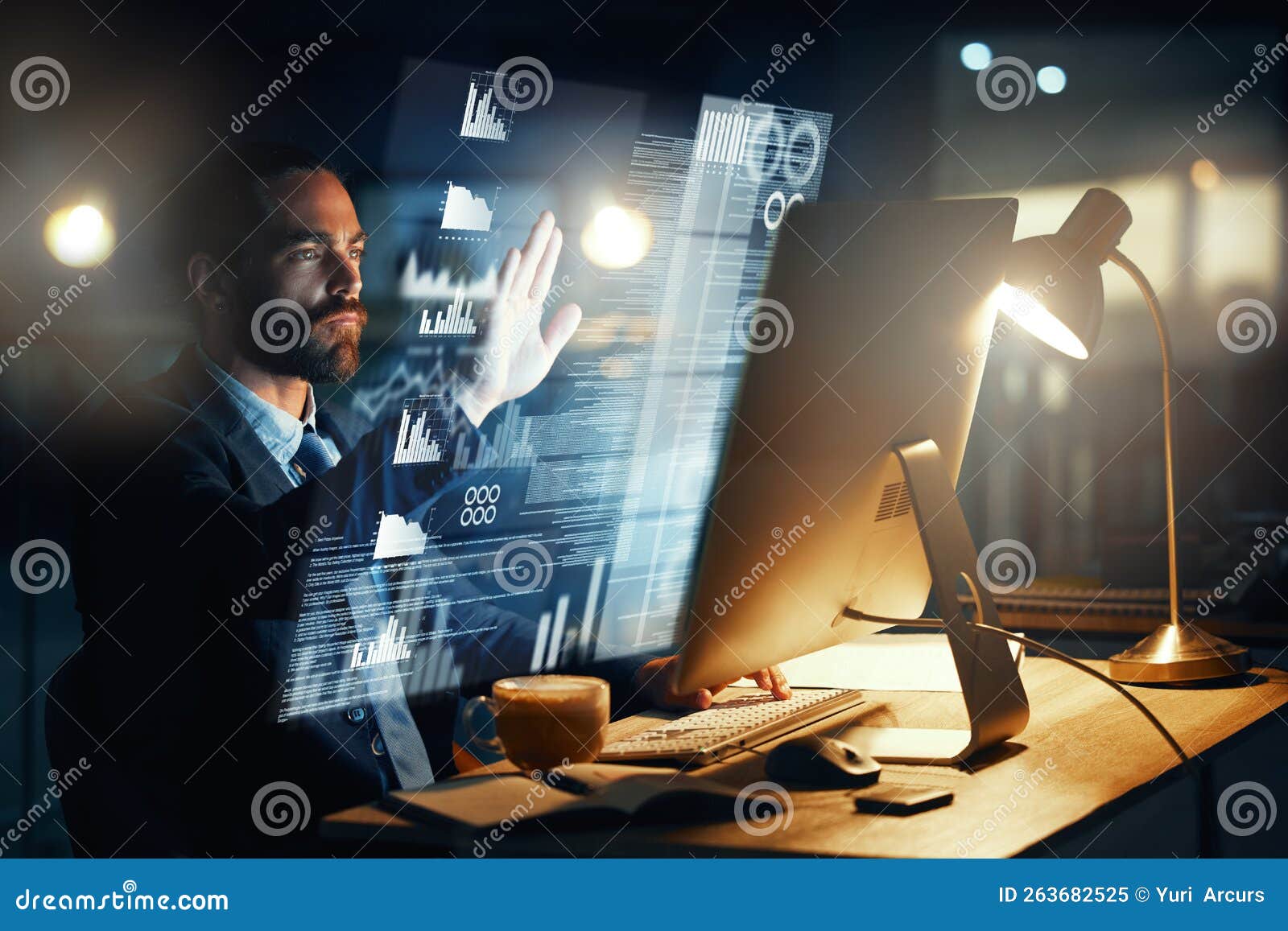 Data, Virtual Screen and Business Man Using Touchscreen Technology ...